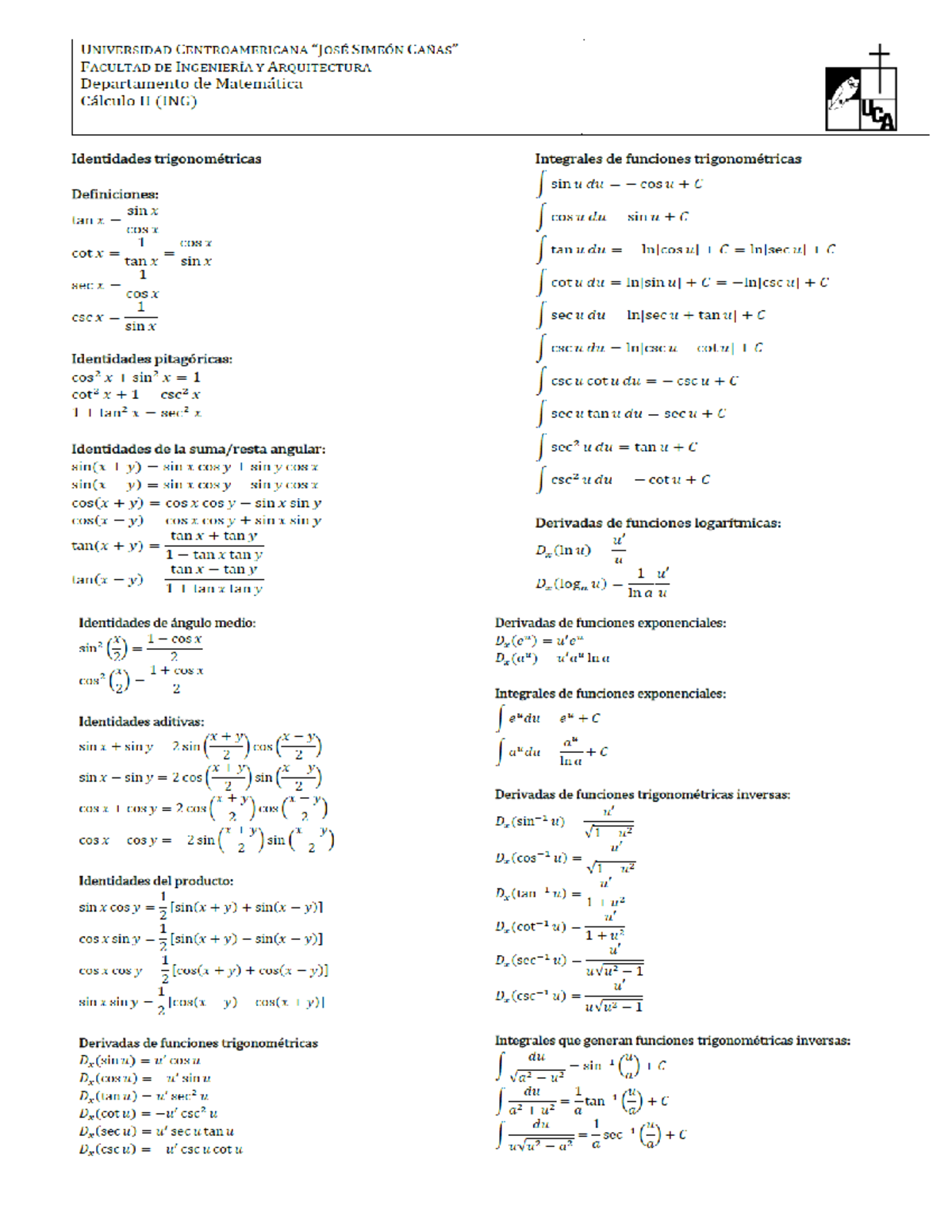 Resumen Formulas C2 - Calculo II - Studocu