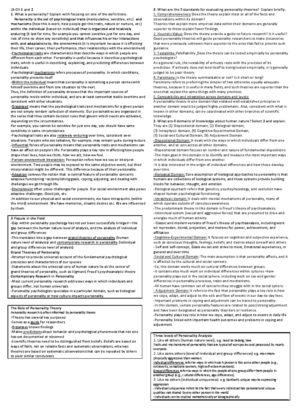 Personality Psychology Lecture Notes Int LB CH 1 And 2 What Is