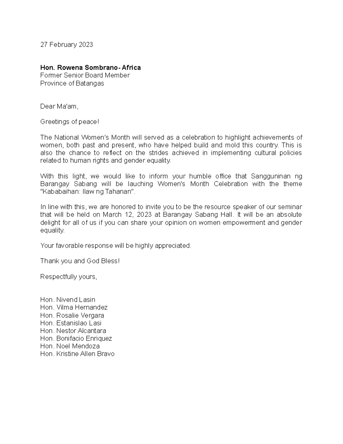 Letter- women's month - 27 February 2023 Hon. Rowena Sombrano- Africa ...