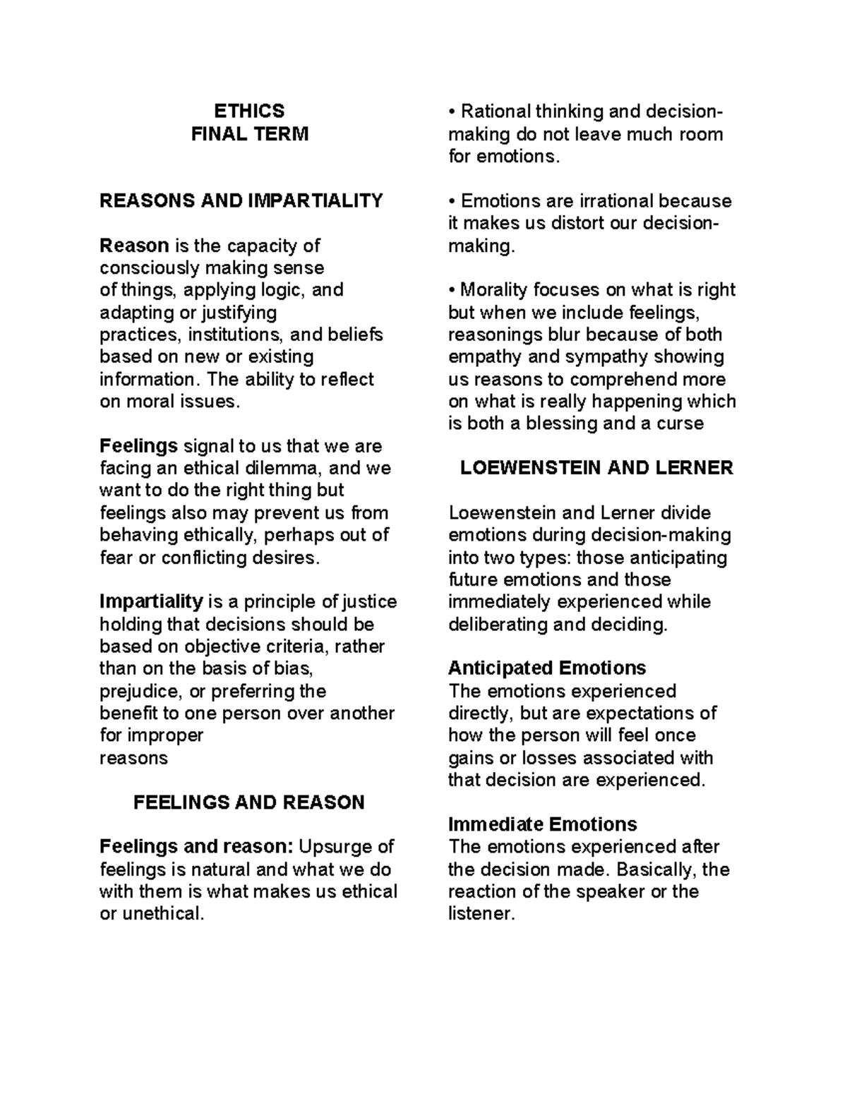 Ethics Final TERM HAND OUT - ETHICS FINAL TERM REASONS AND IMPARTIALITY ...