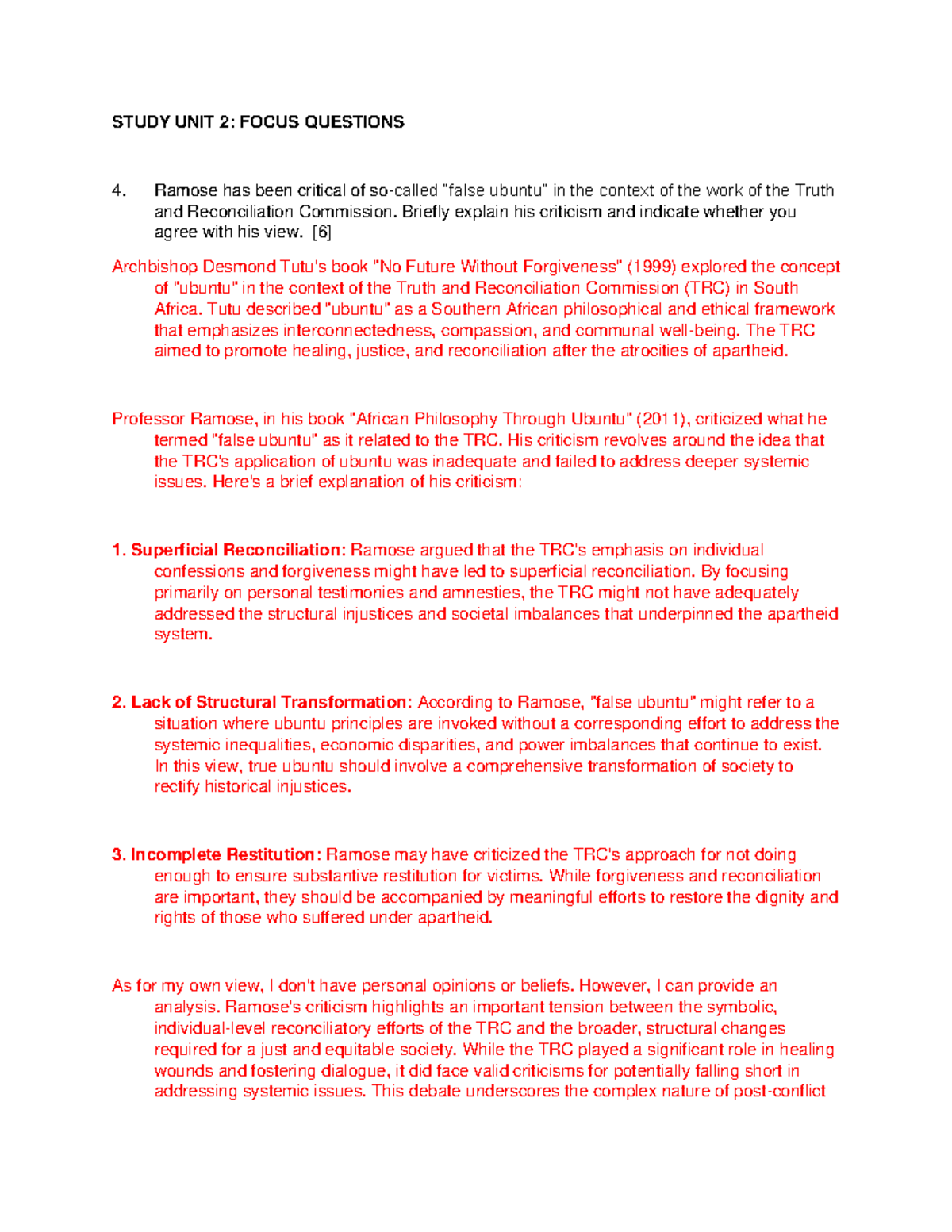 IURI423 SU2 - Focus Questions - STUDY UNIT 2: FOCUS QUESTIONS Ramose ...