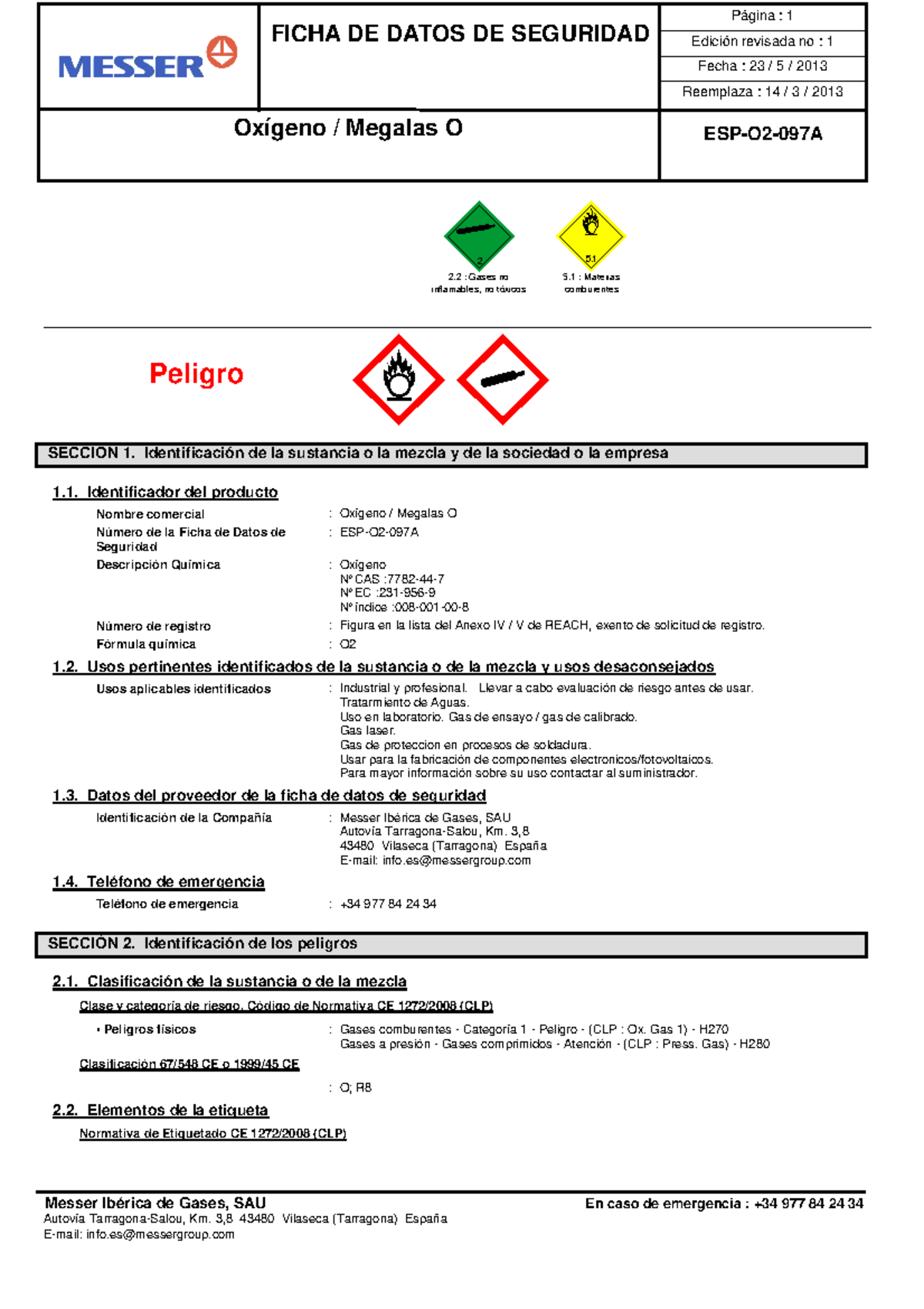 MSDS Oxigeno Messer - Apuntes 7 - FICHA DE DATOS DE SEGURIDAD Edición ...