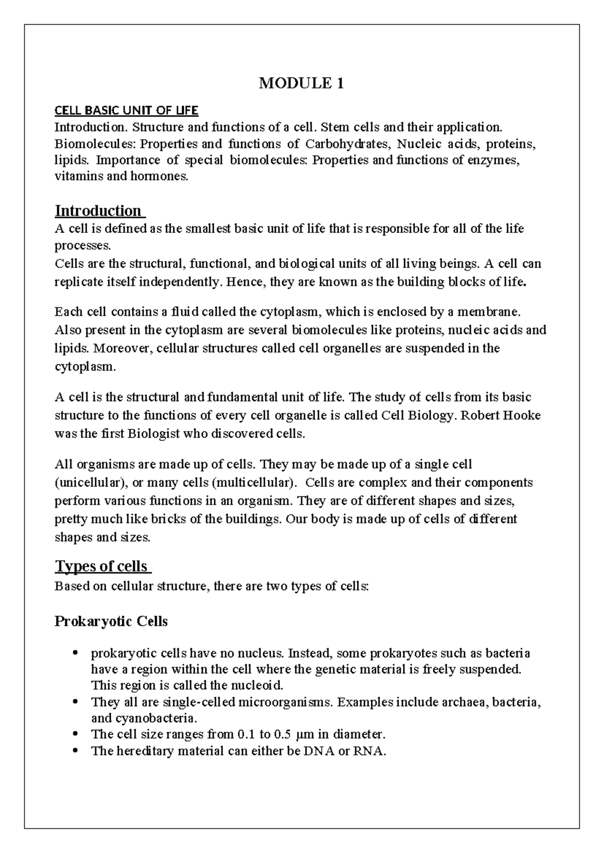 Module 1 cse stream - Chapter1 - MODULE 1 CELL BASIC UNIT OF LIFE ...