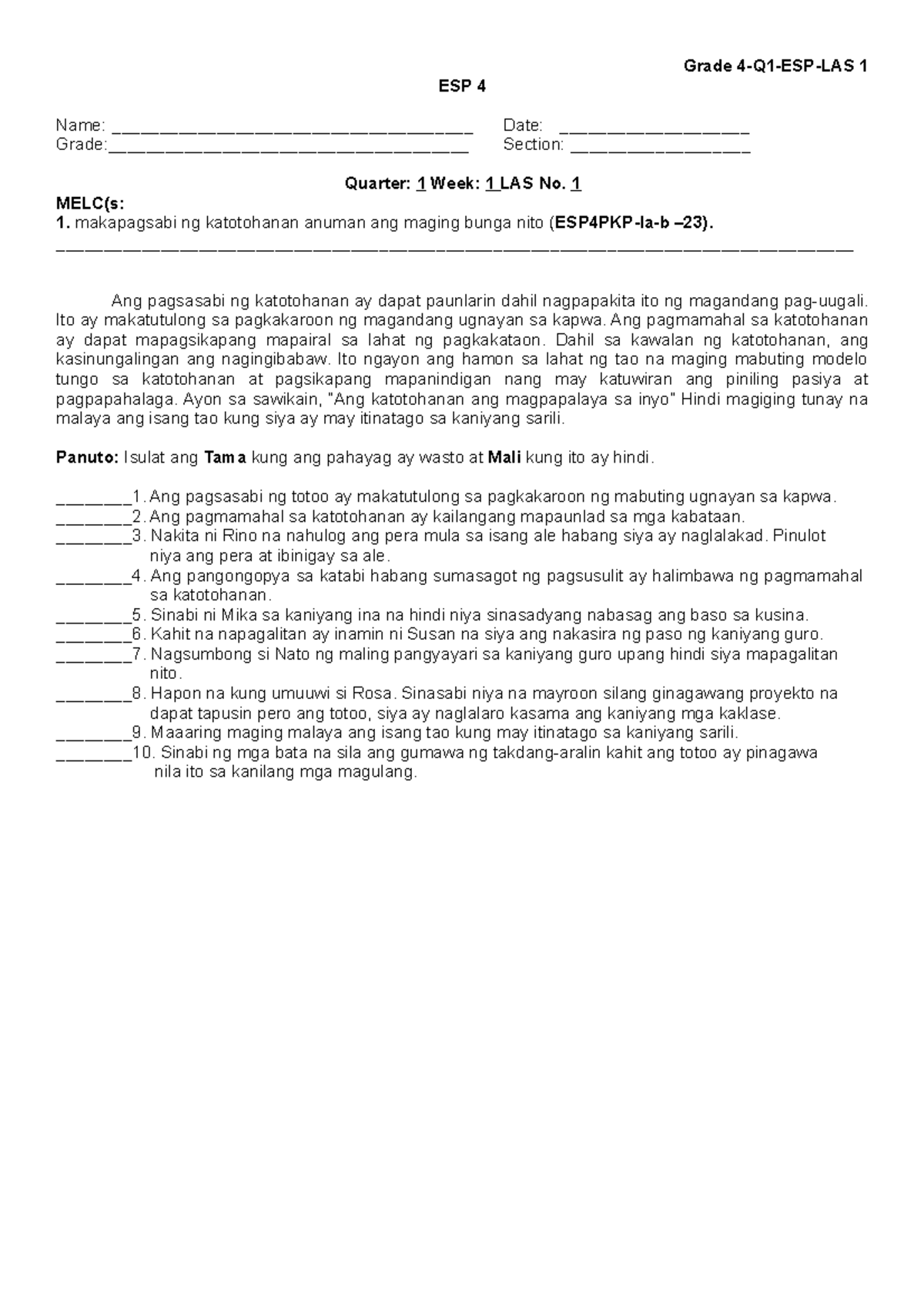 Grade 4-Q1-ESP-LAS 1 - lessons - Grade 4-Q1-ESP-LAS 1 ESP 4 Name: - Studocu