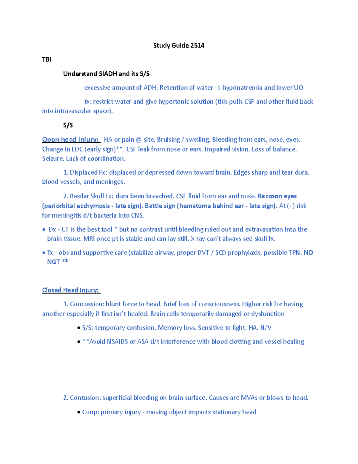 Study Guide pdf - Review - Study Guide 2514 TBI Understand SIADH and ...