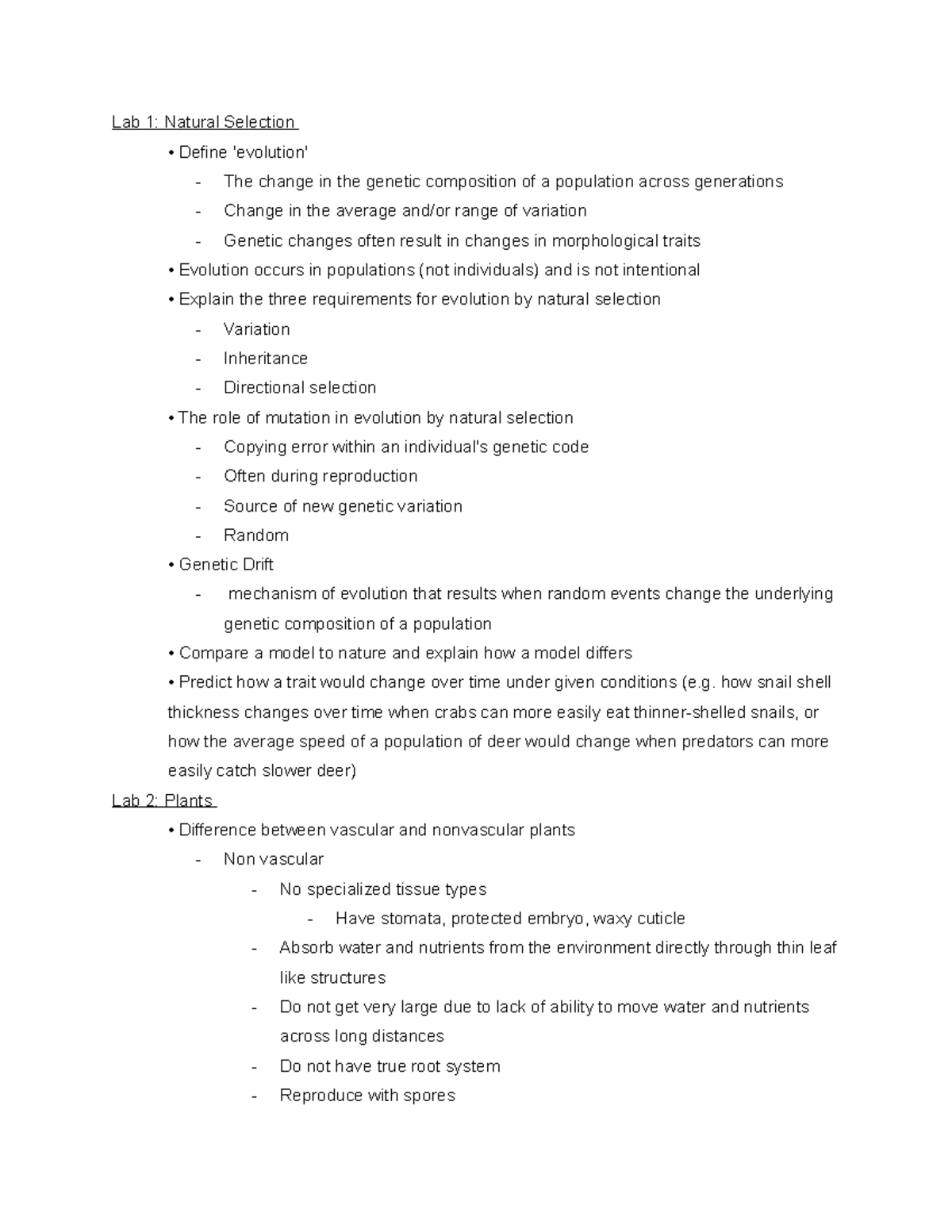 Lab Section - Test 1 Study Guide - Lab 1: Natural Selection - Define ...
