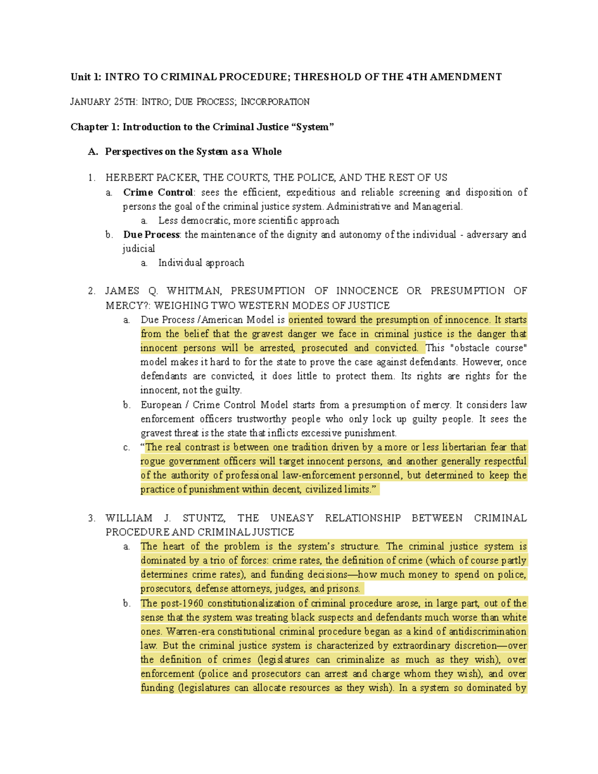 Crim Pro Class Notes - Unit 1: INTRO TO CRIMINAL PROCEDURE; THRESHOLD ...