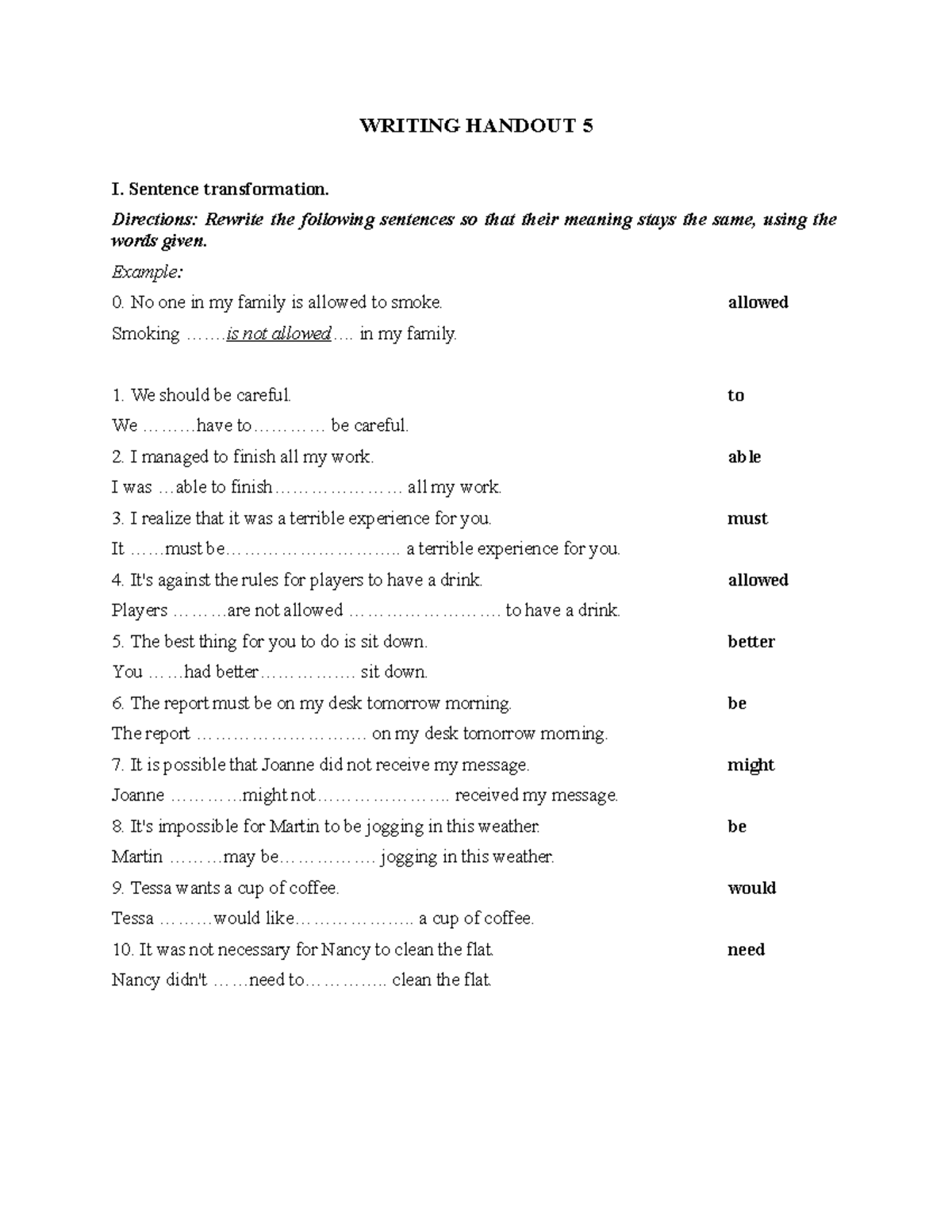 B1 Handout 5 Writing - KTCT - WRITING HANDOUT 5 I. Sentence ...