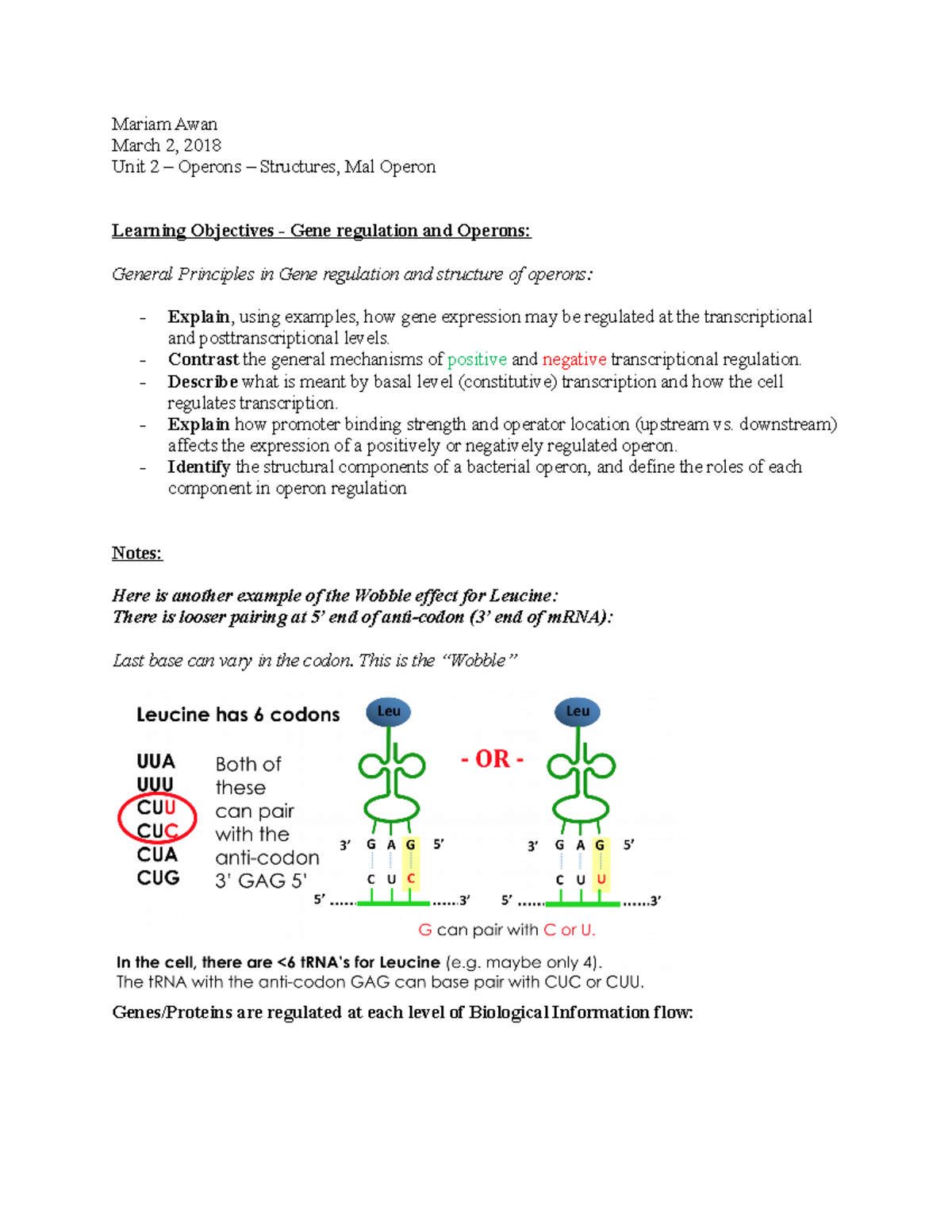 Notes - March 2 - Mariam Awan March 2, 2018 Unit 2 – Operons ...