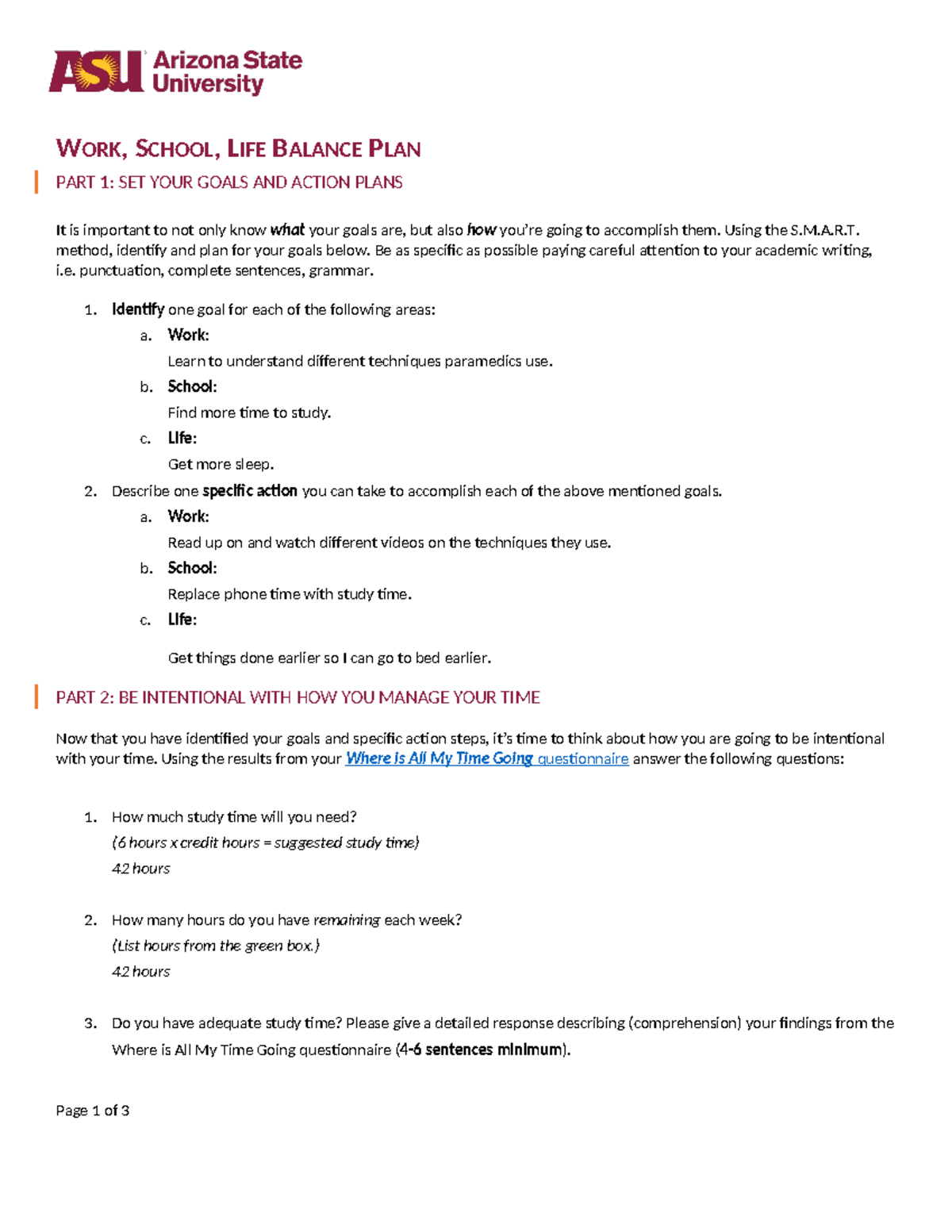 Work Life Balance 2021 ASU 101 - WORK, SCHOOL, LIFE BALANCE PLAN PART 1 ...