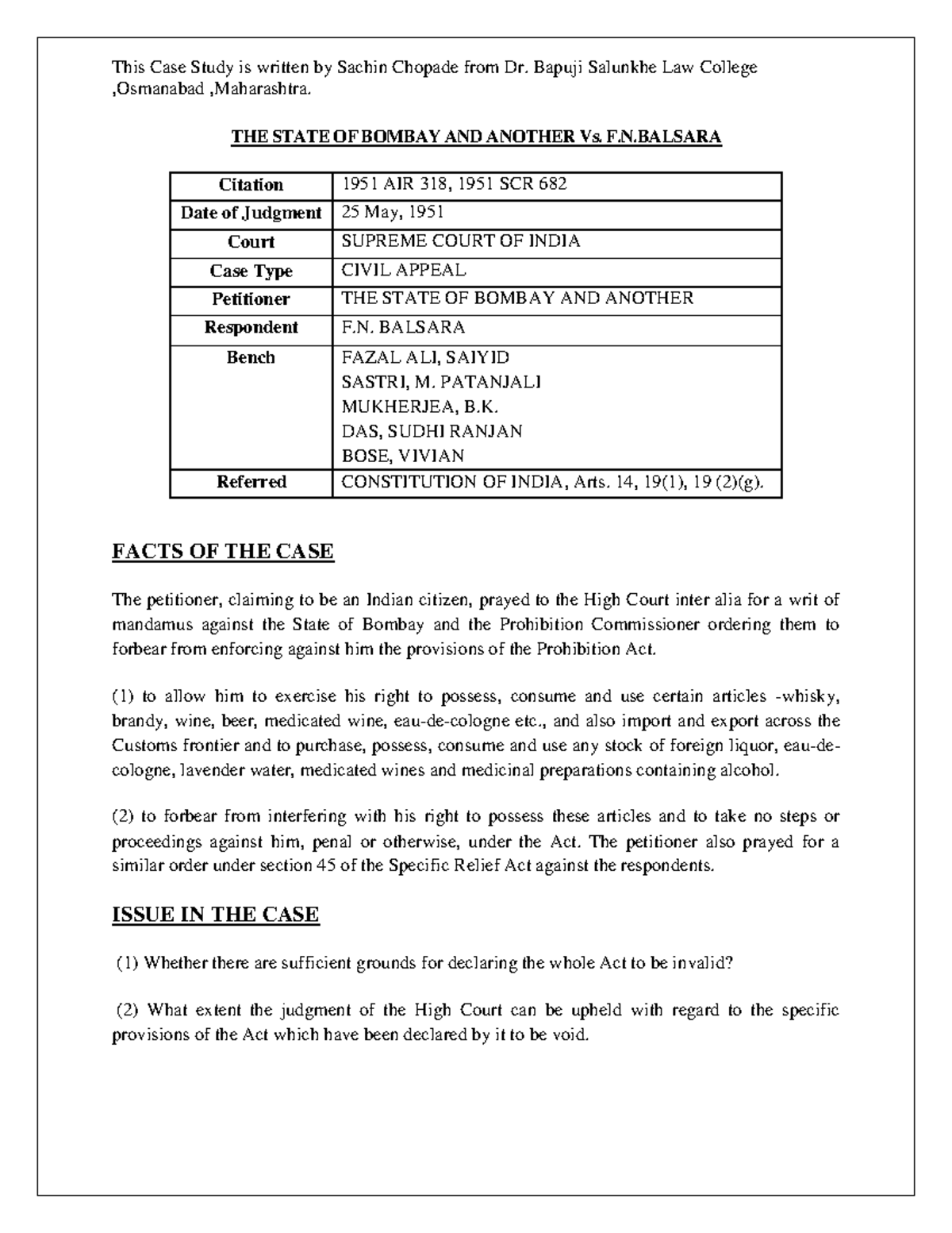 State of Bombay v. F.N. Balsara, AIR 1951 SC 318 - ,Osmanabad ...