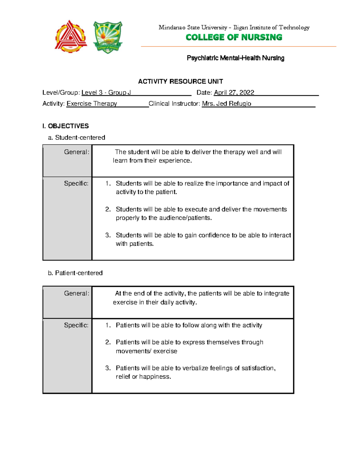 Exercise Therapy Resource Unit - ACTIVITY RESOURCE UNIT Level/Group ...