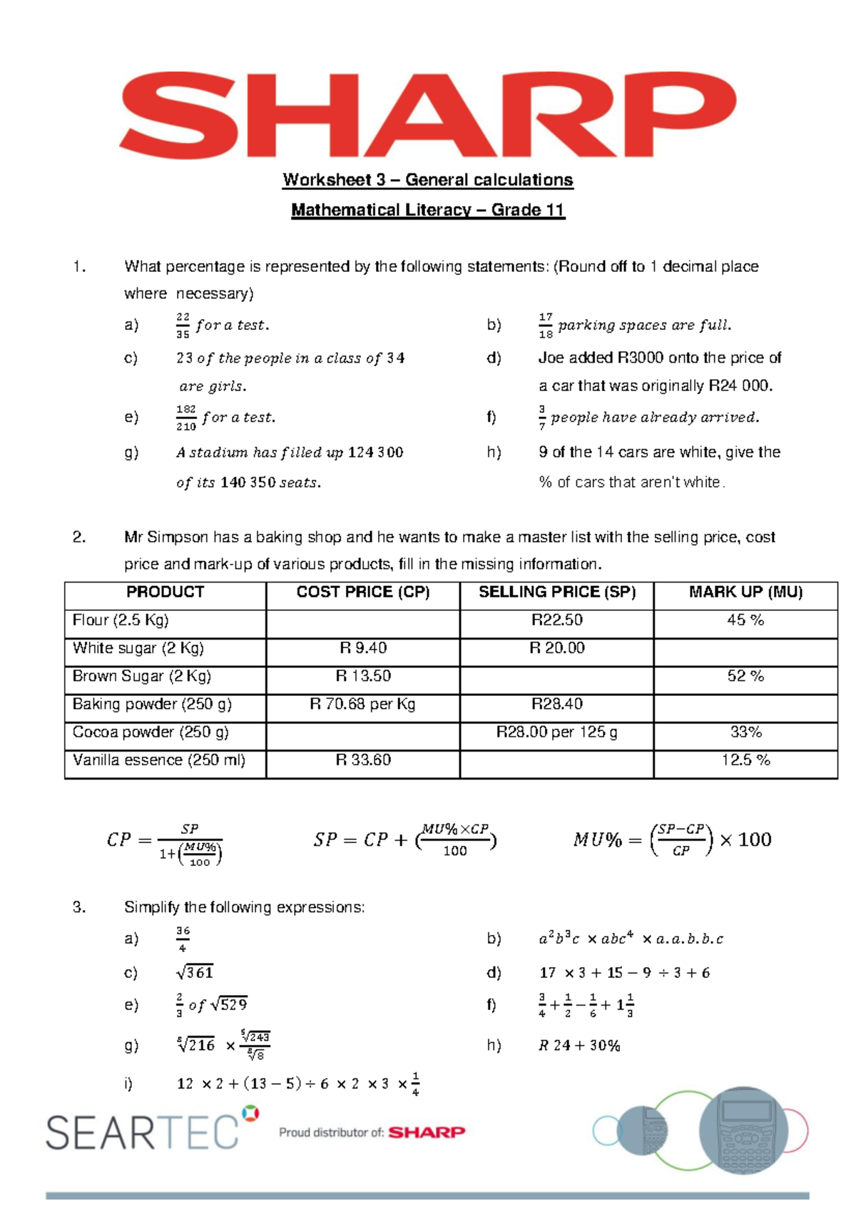 Worksheet 3 General Calculations Grade 11 Math Literacy - Worksheet 3 ...