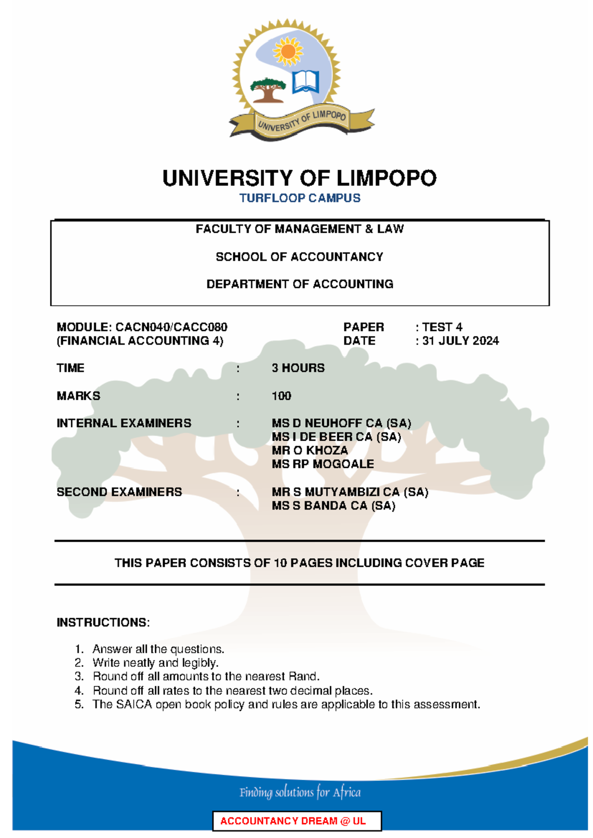 CACN040CACC080 Test 4 Question 013 - UNIVERSITY OF LIMPOPO TURFLOOP ...