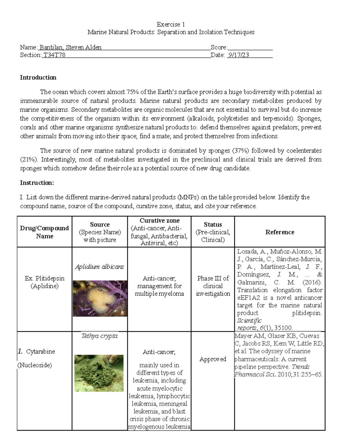 Marine Natural Product LAB - Exercise 1 Marine Natural Products ...