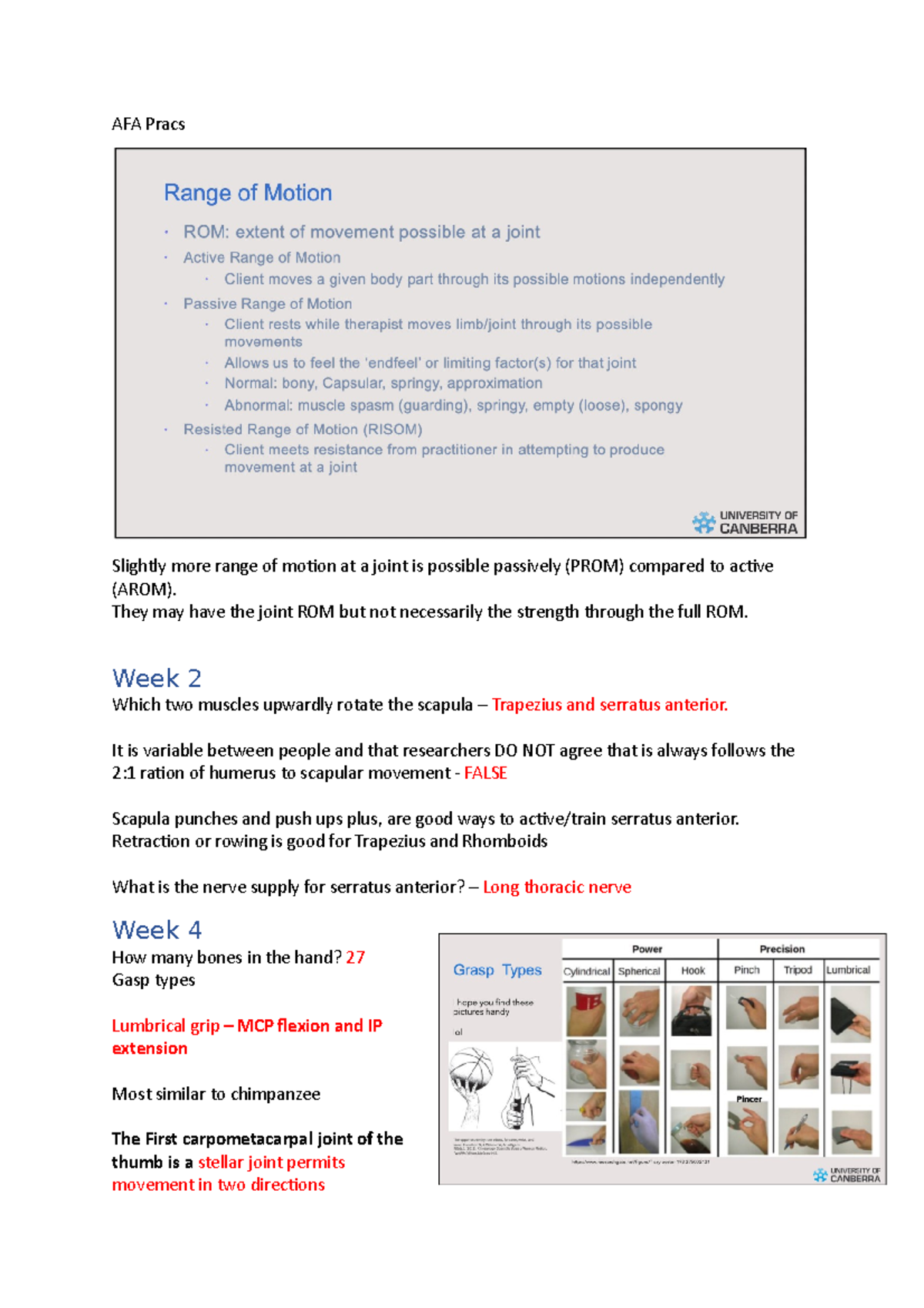 AFA Pracs - Prac information for quiz - AFA Pracs Slightly more range of motion at a joint is ...