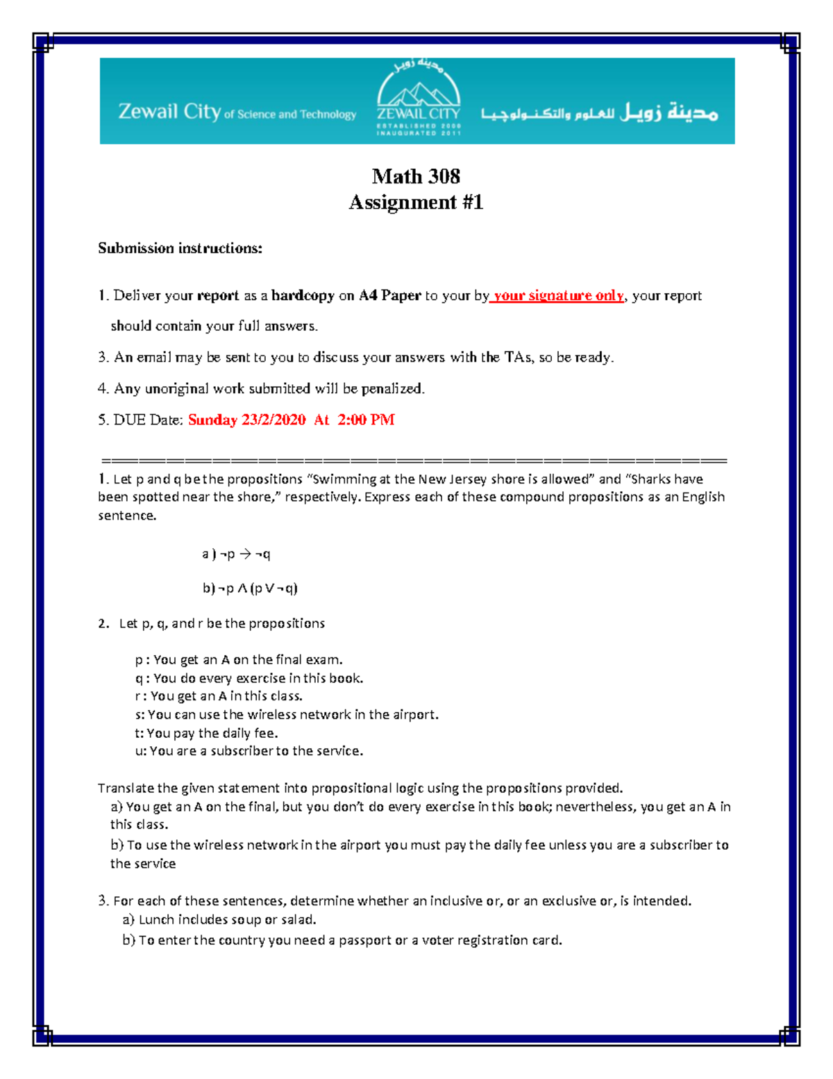 Math 308 Assignment 1 - Math 308 Assignment Submission instructions: 1. Deliver your report as a ...