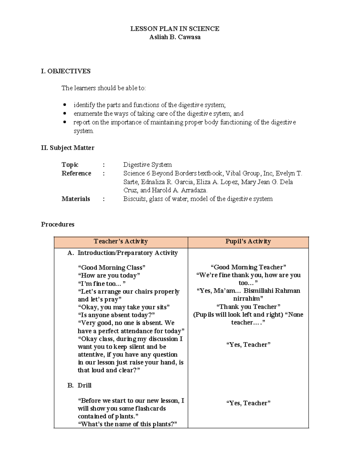 Digestive Lesson PLAN - LESSON PLAN IN SCIENCE Asliah B. Cawasa I ...