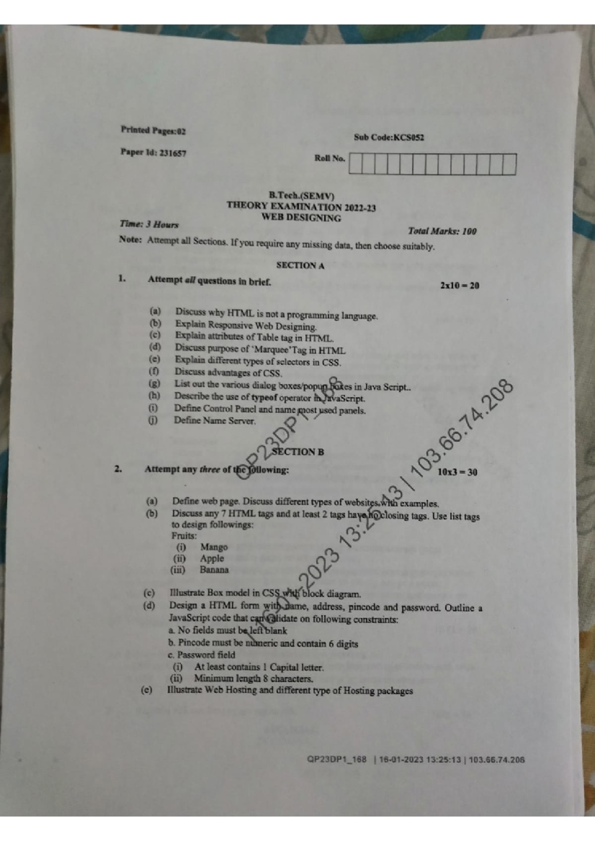 Web Designing PYQ's - Printed Page: 1 of 2 Subject Code: KCS 0 Roll No ...