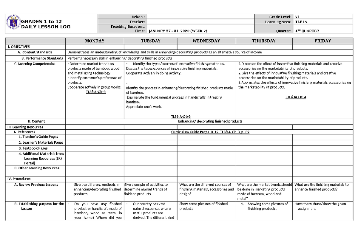 DLL TLE 6 Q4 W2 - lesson log only - GRADES 1 to 12 DAILY LESSON LOG School: Grade Level: VI ...
