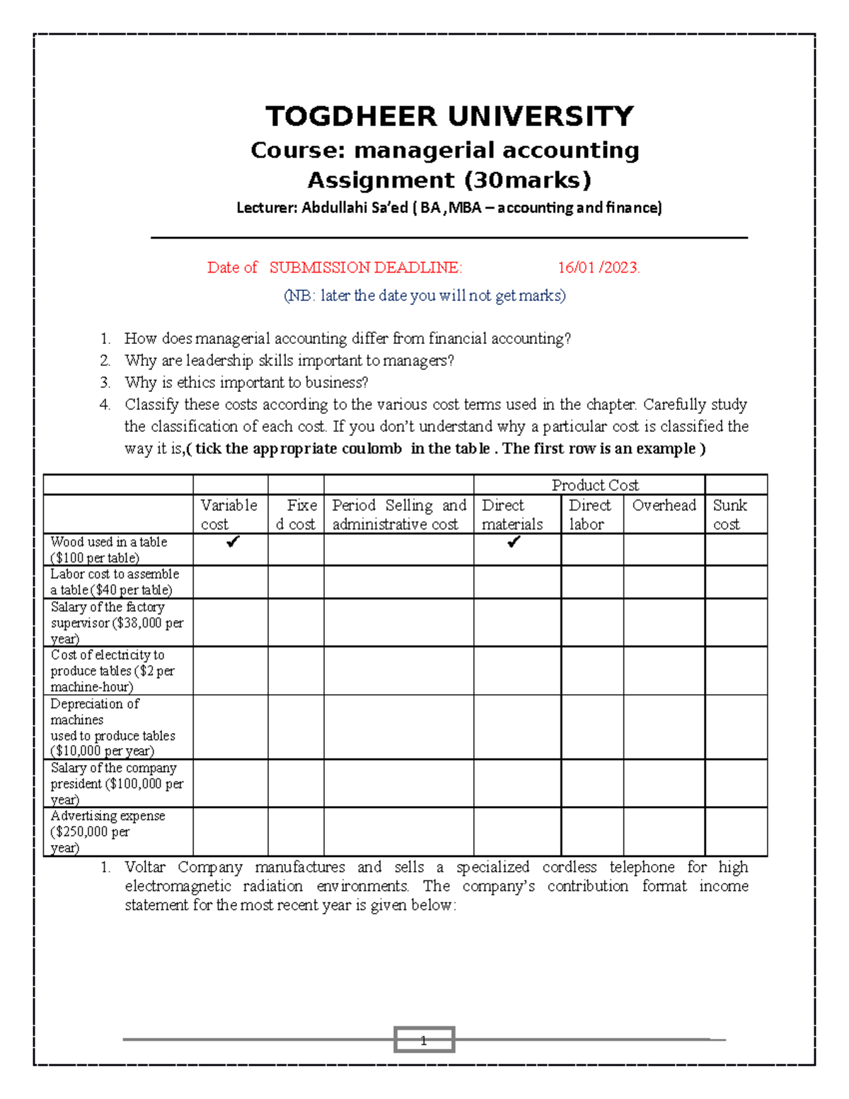 Asigment managerial accounting - 1 TOGDHEER UNIVERSITY Course: managerial accounting Assignment ...