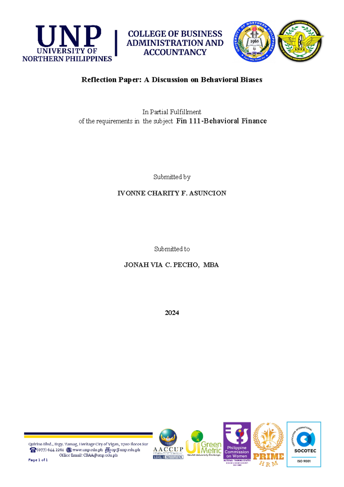 2024 Project Cover Page for individual - Accountancy - Reflection Paper ...