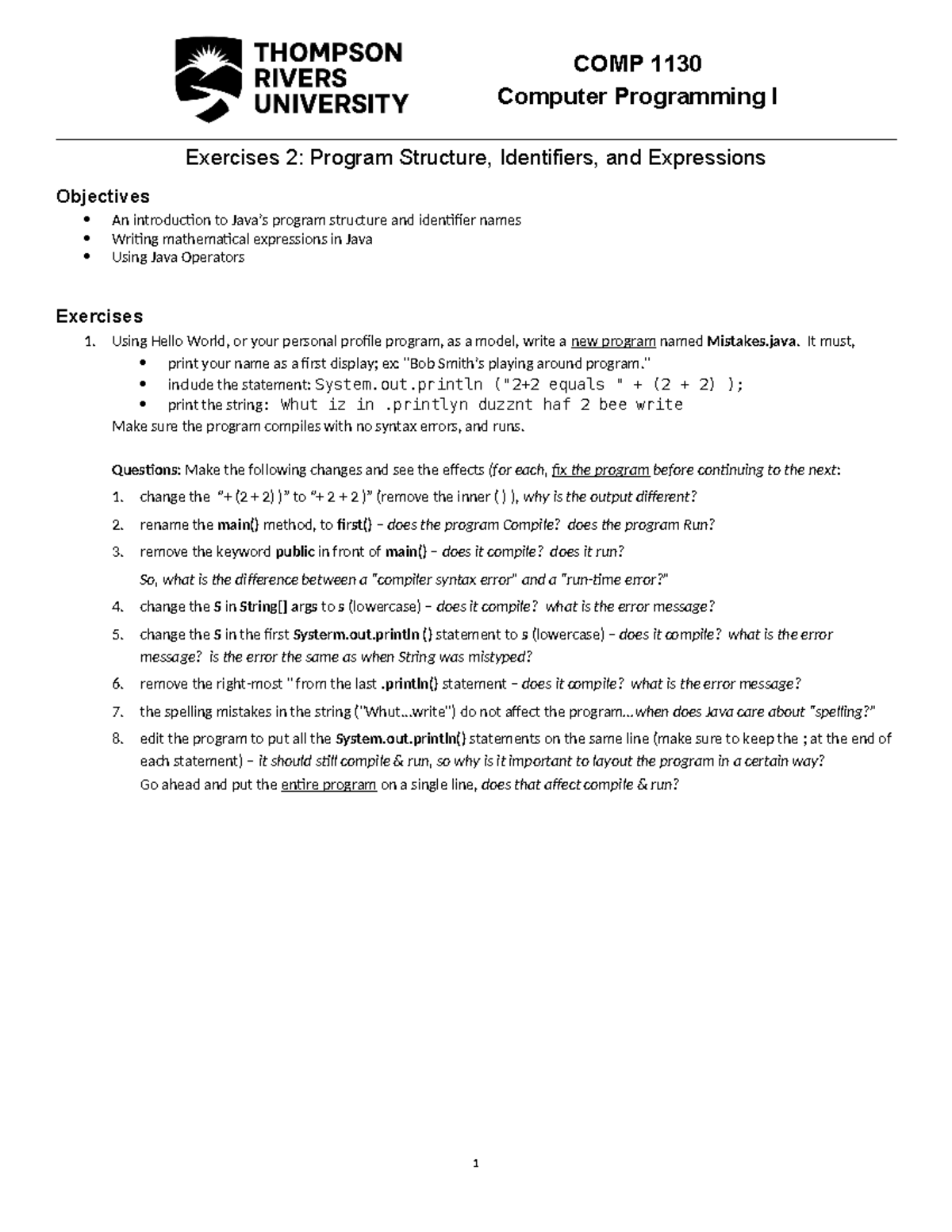 2 Exercises - Identifiers, Operators - COMP 1130 Computer Programming I ...