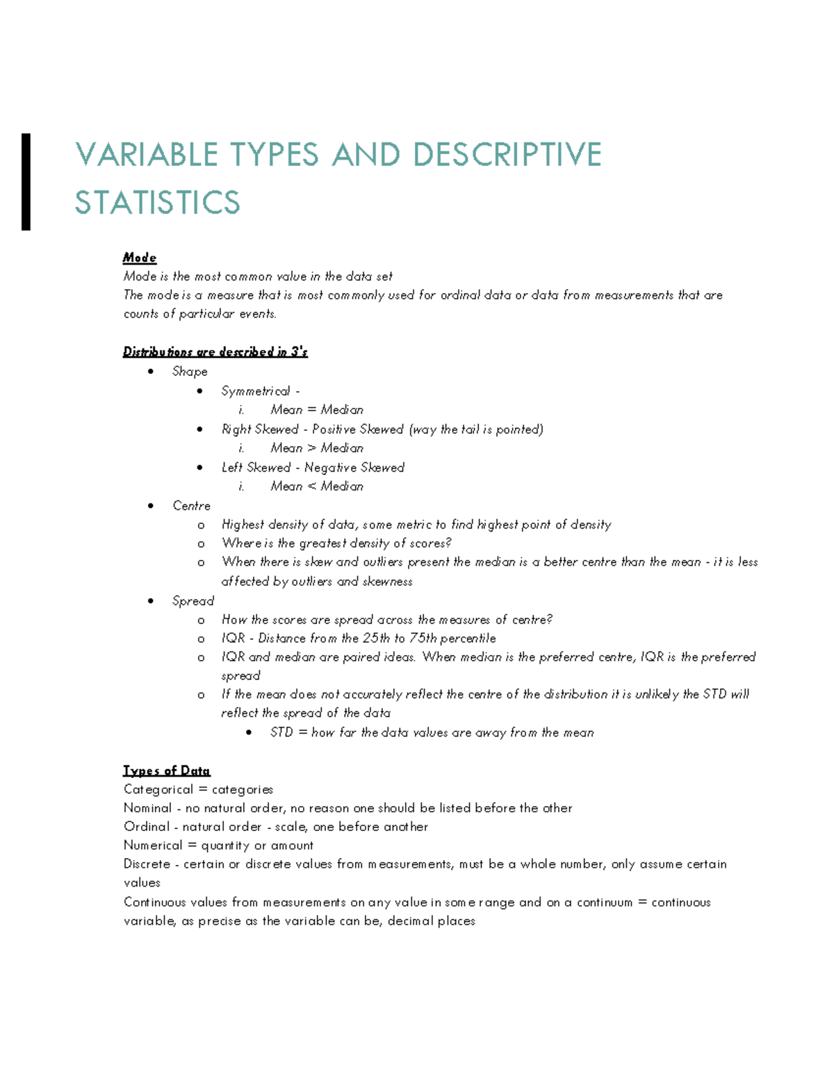 STAT1060 - General Summary - VARIABLE TYPES AND DESCRIPTIVE STATISTICS ...