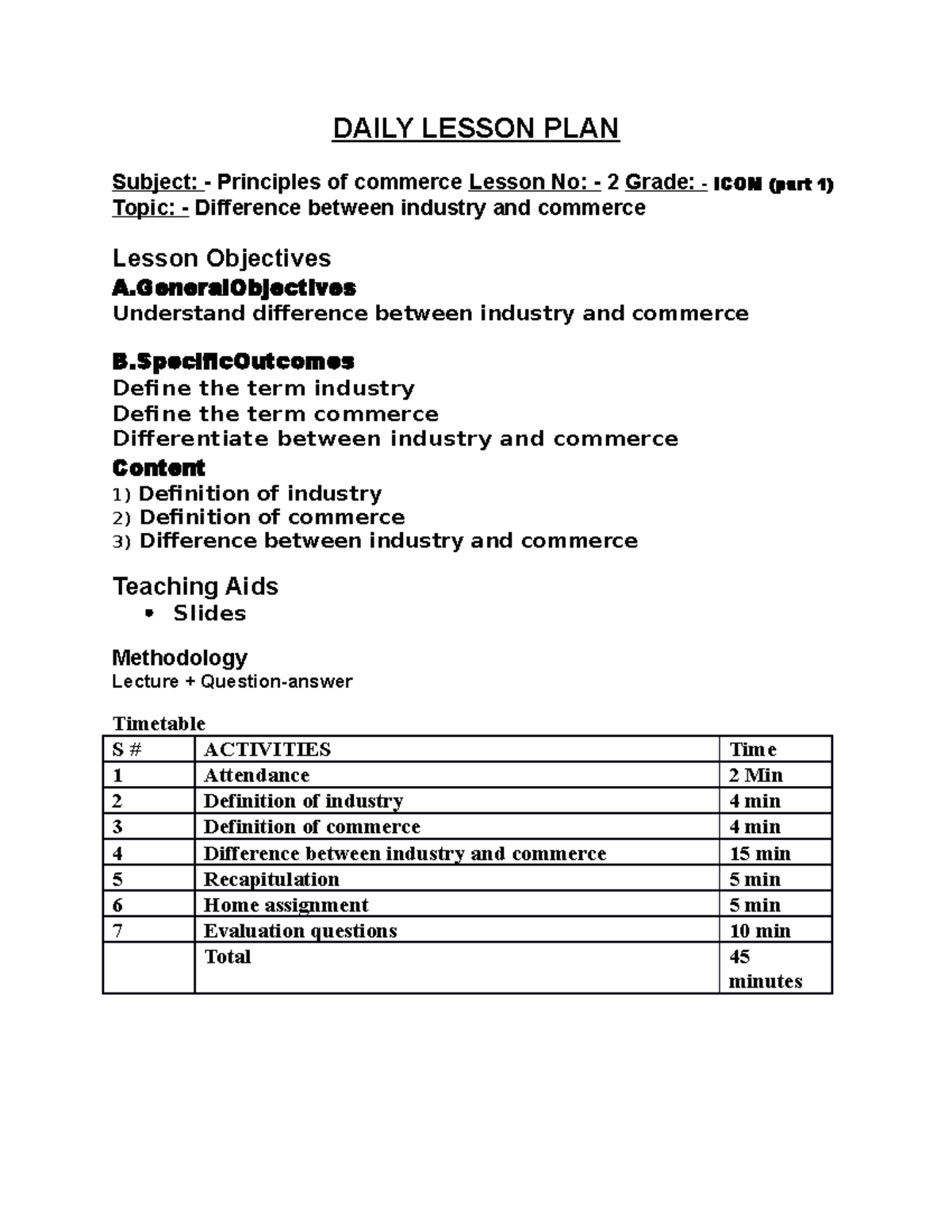 Business teaching guide for teaching - DAILY LESSON PLAN Subject ...