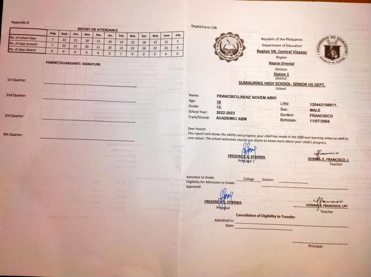 TOR - Nothingg - pendix D DepEd Form 138 REPORT ON ATTENDANCE Aug. Sept ...