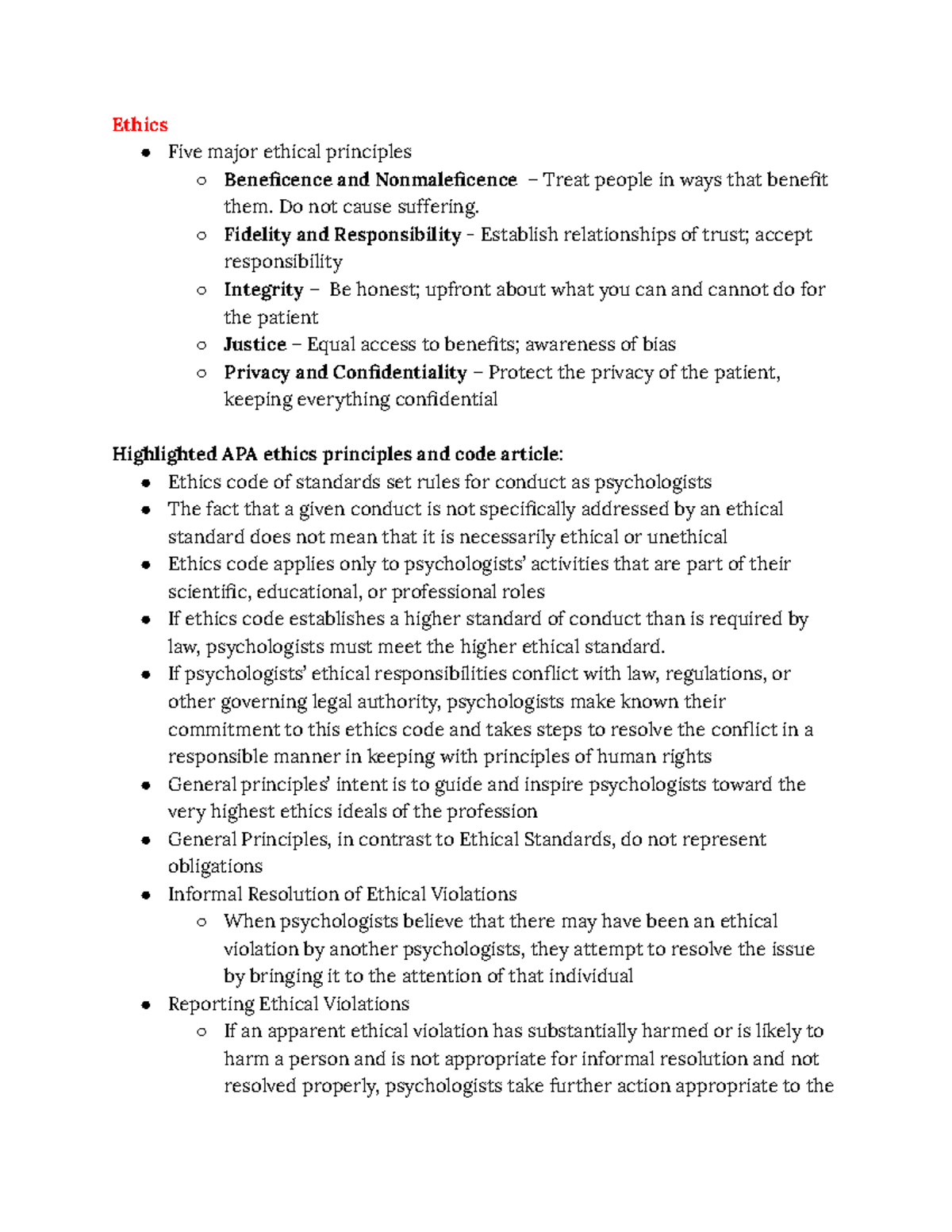 PSY275 - Exam 1: Study Guide - Ethics Five major ethical principles ...