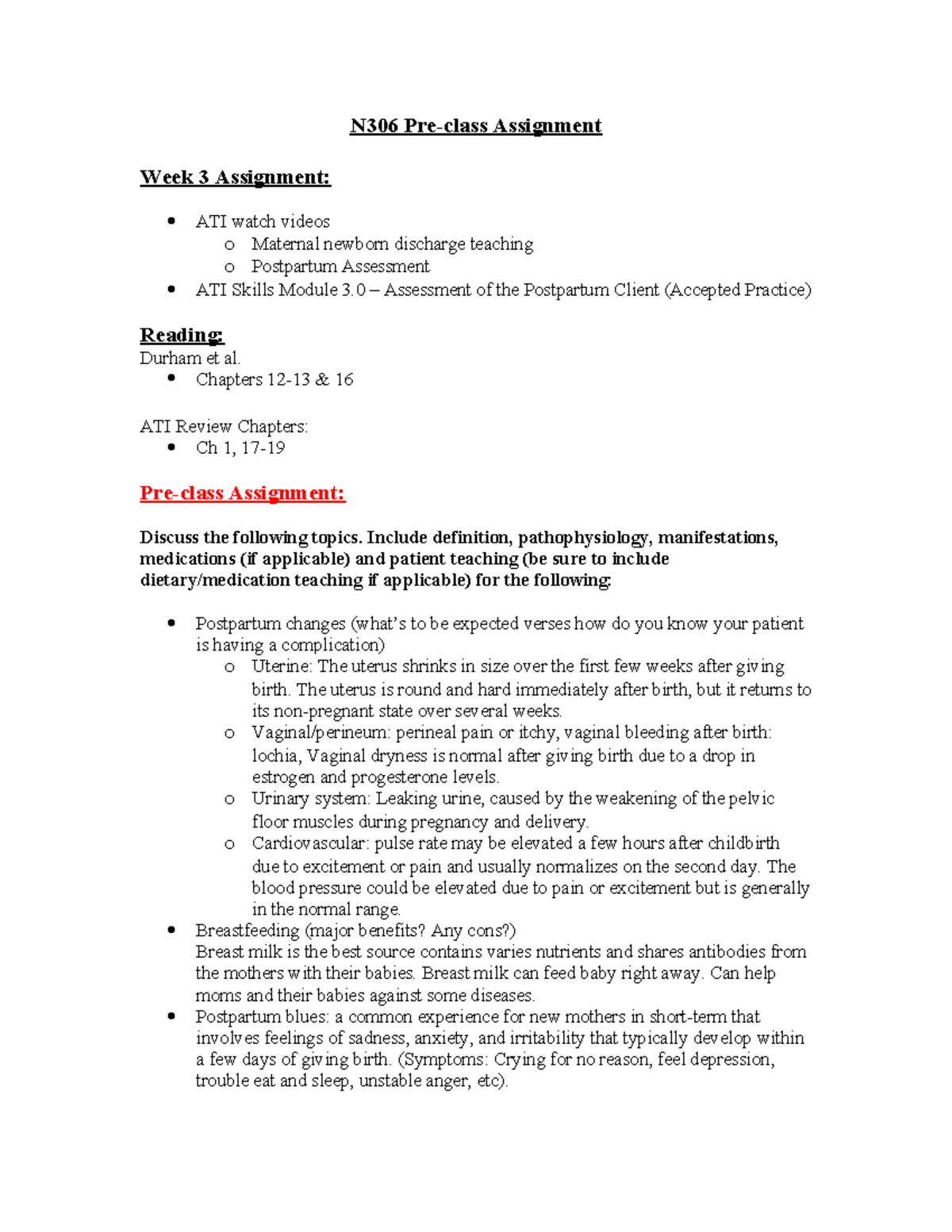 N306 Week 3 PCA-1 - WEEK3 - N306 Pre-class Assignment Week 3 Assignment: ATI watch videos o ...