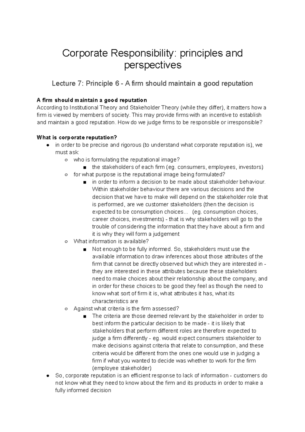 Lecture 7 Principle 6 - A firm should maintain a good reputation ...