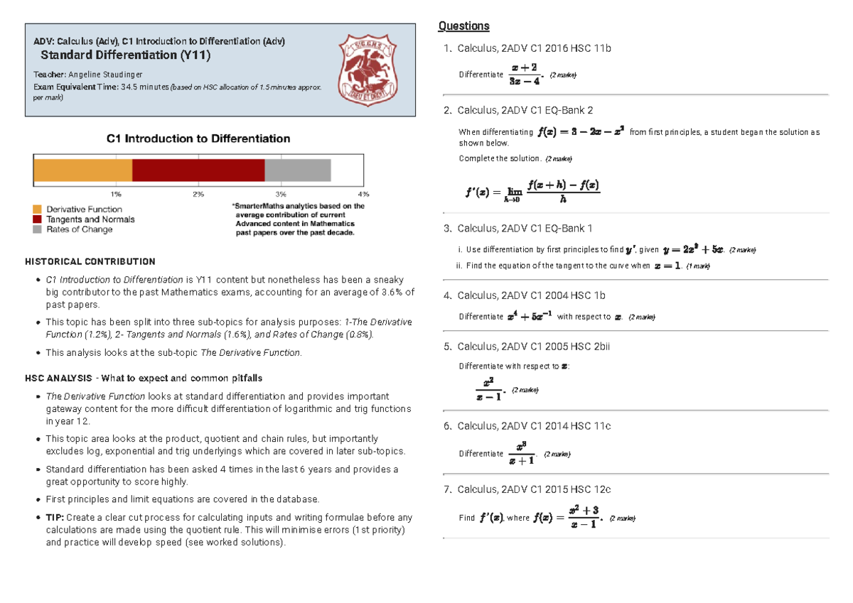 Smarter Maths - Yr 11 - Standard Differentiation - ADV: Calculus (Adv), C1 Introduction to - Studocu
