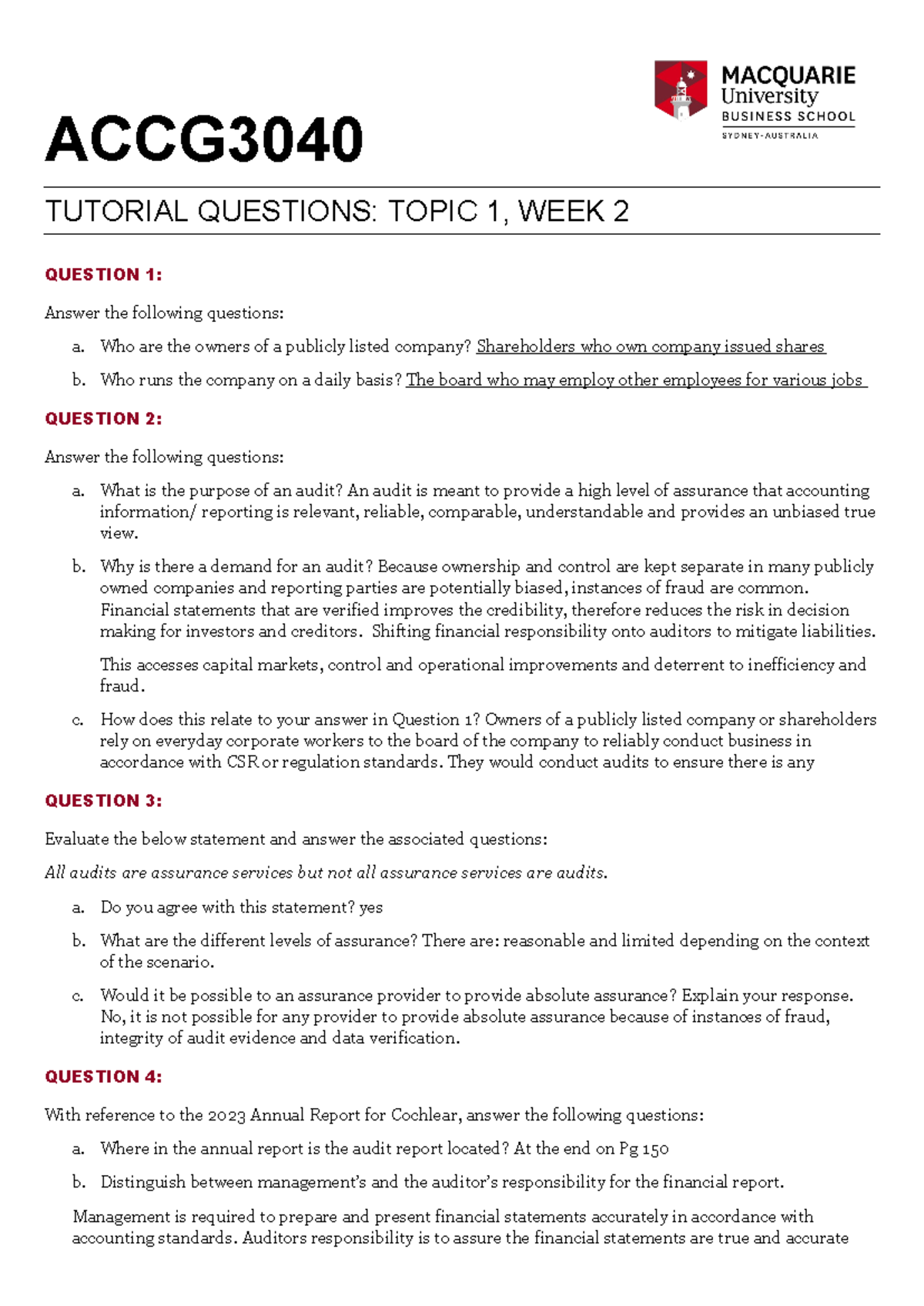 Tutorial Questions W1 - ACCG TUTORIAL QUESTIONS: TOPIC 1, WEEK 2 QUESTION 1: Answer the ...