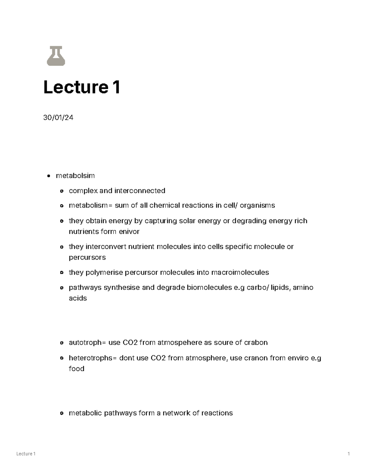 Lecture 1 cell metabolism - Lecture 1 30/01/ metabolsim complex and ...