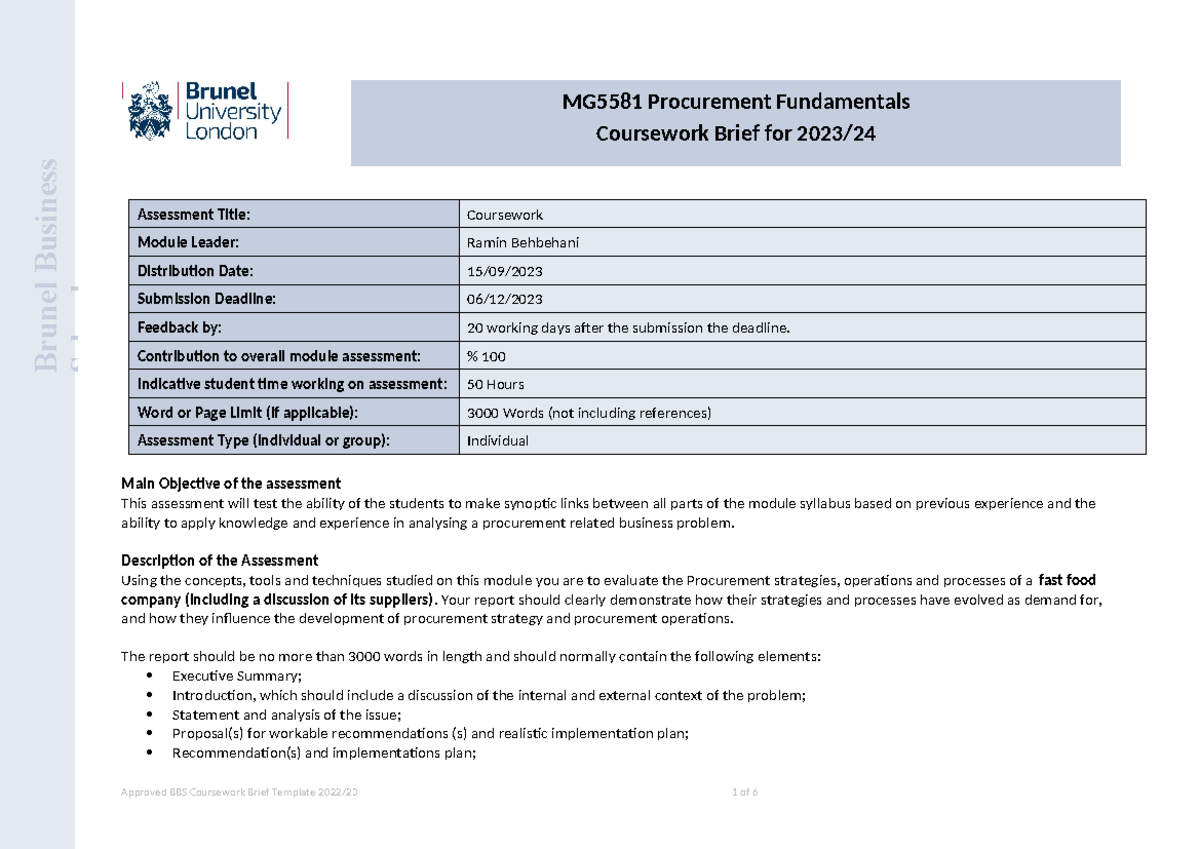 MG5581 Coursework 2023.24 - Brunel Business School Assessment Title: Coursework Module Leader ...