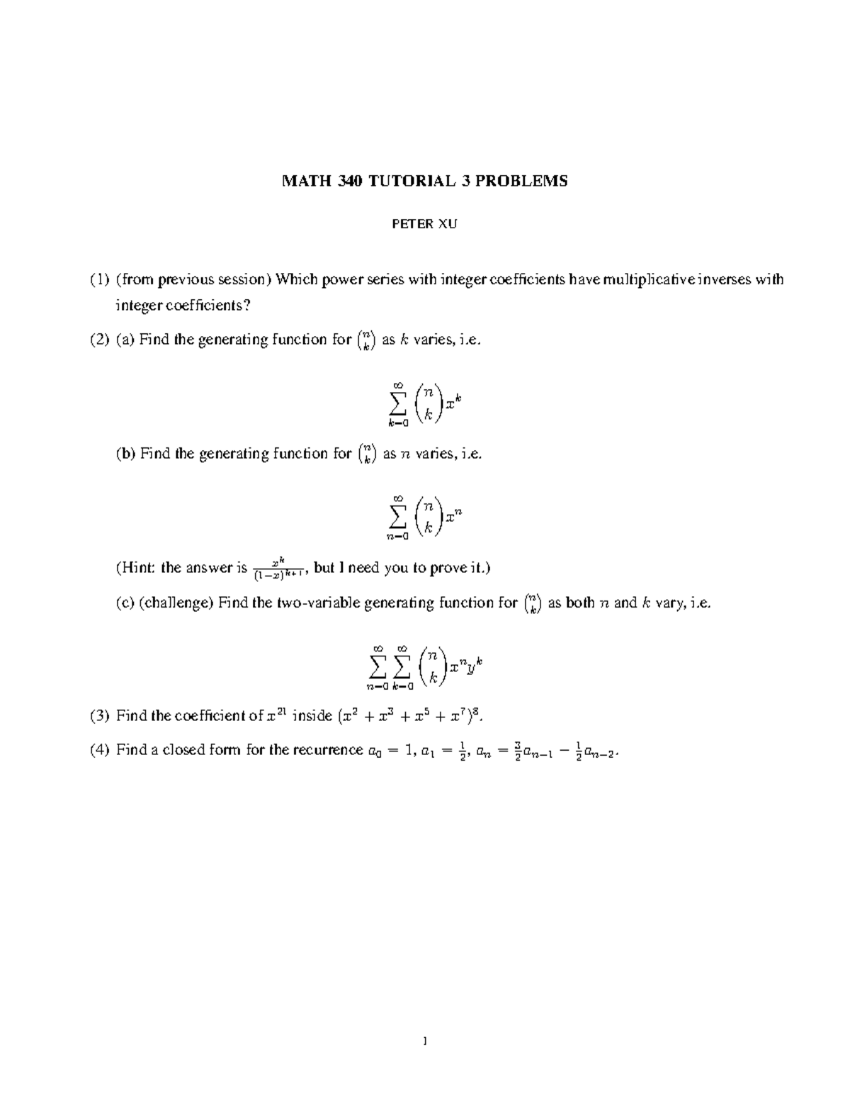 Ps3sol - tut 3 - MATH 340 TUTORIAL 3 PROBLEMS PETER XU (1) (from ...