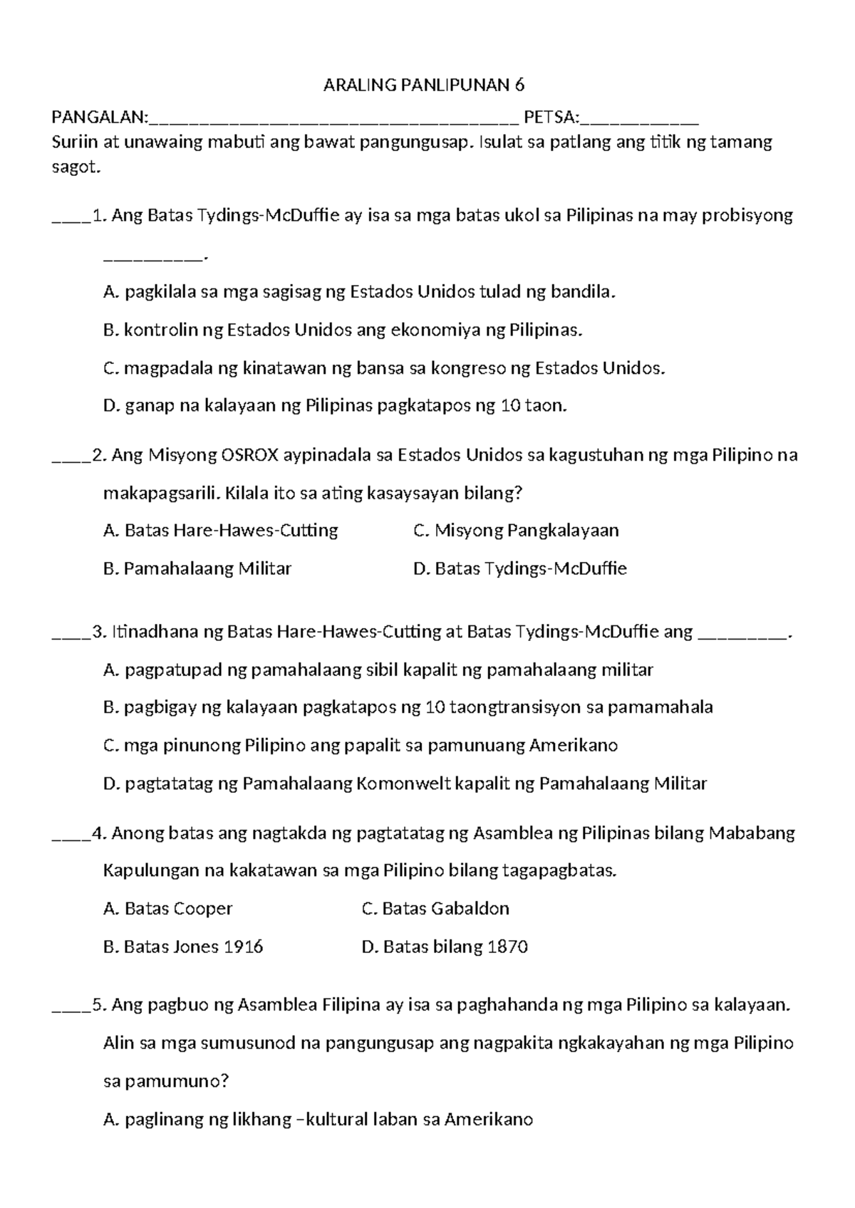 Module 2 quiz - ARALING PANLIPUNAN 6 PANGALAN ...