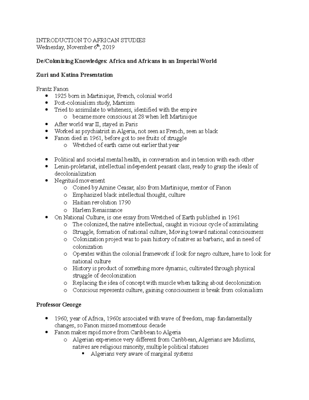 Class 18 Notes - Abosode George - INTRODUCTION TO AFRICAN STUDIES ...