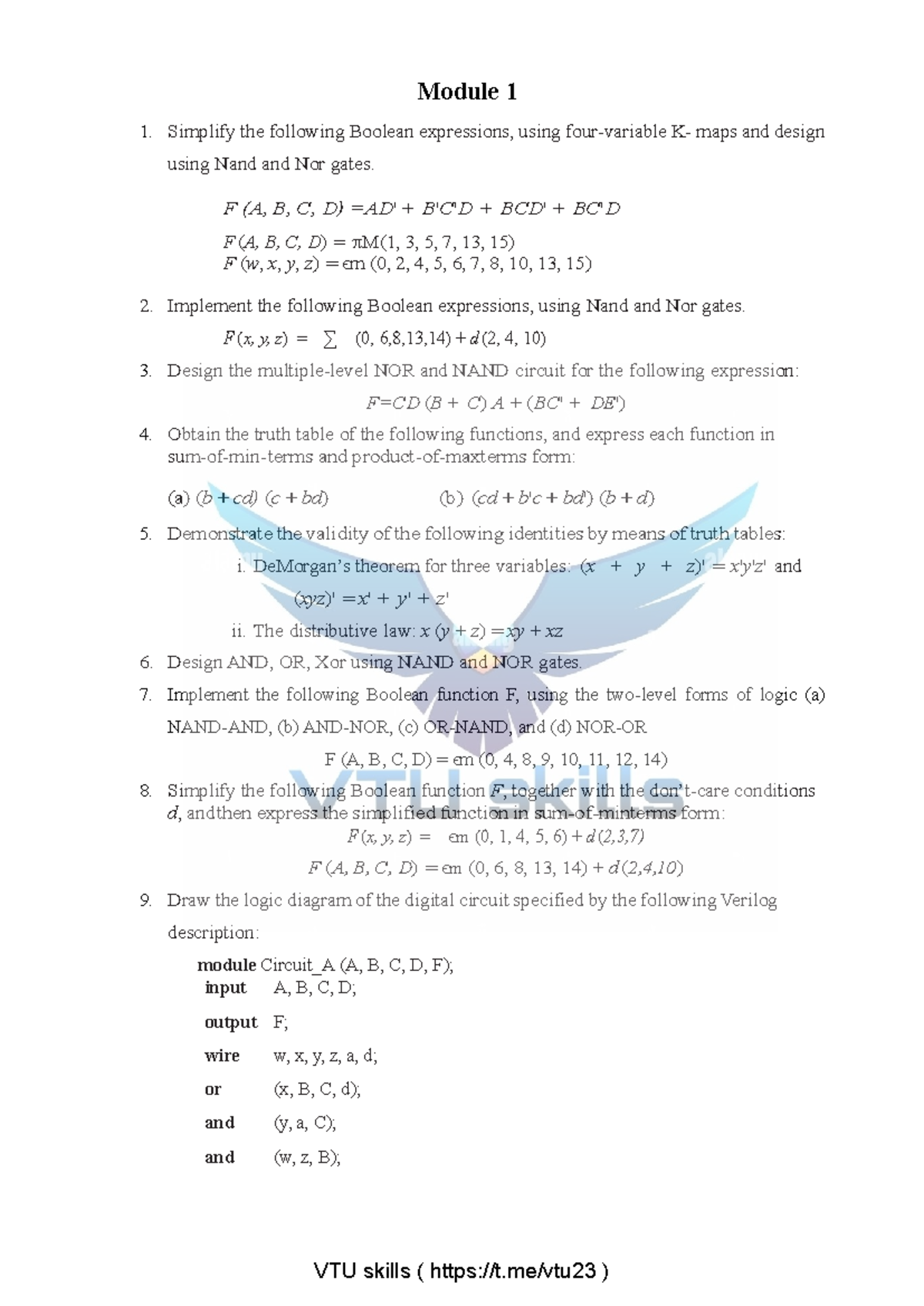 DD&CO Qbank(vtu23) 1 - VTU skills ( t/vtu23 ) Module 1 Simplify the following Boolean ...