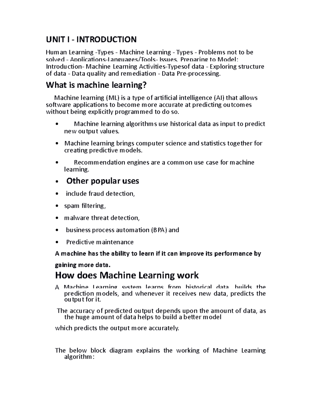 ML-intro - notes for study - UNIT I - INTRODUCTION Human Learning ...