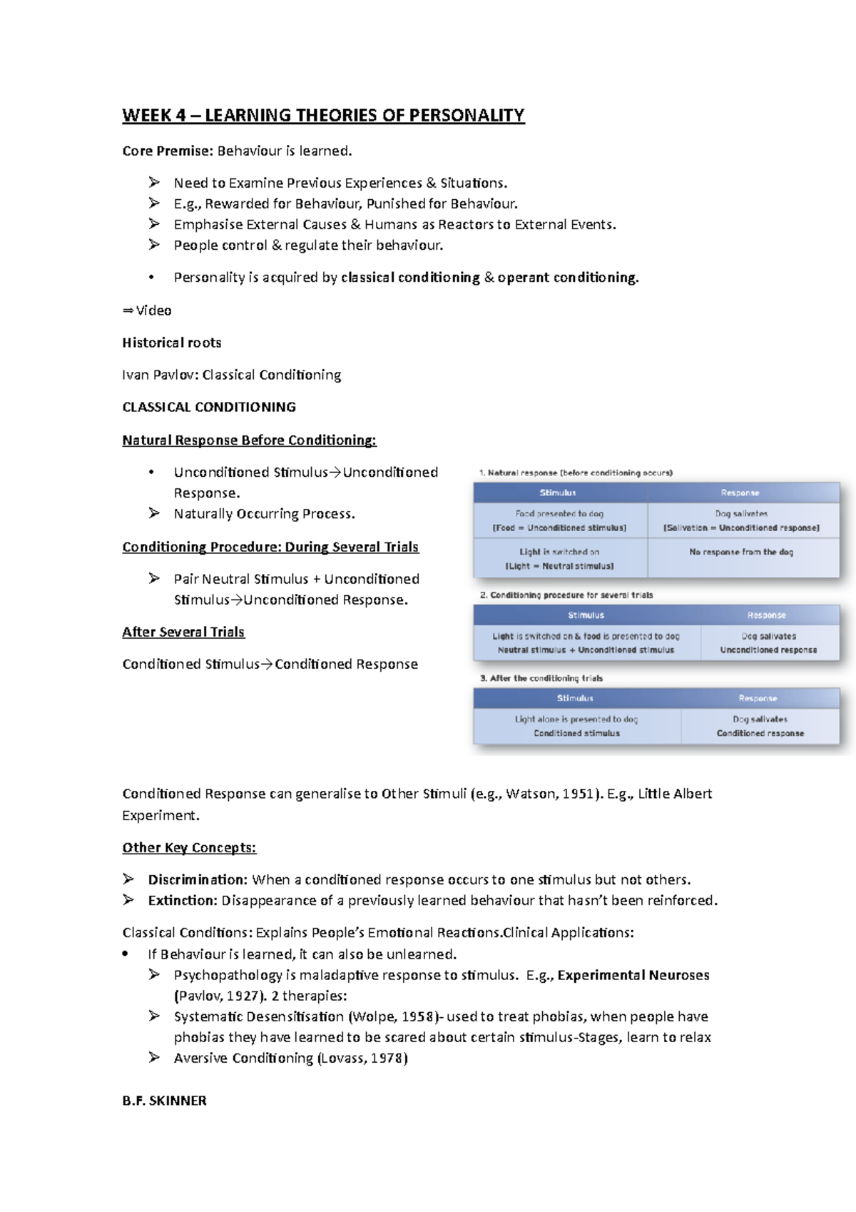 Week 4- classical & operant conditioning - WEEK 4 – LEARNING THEORIES ...