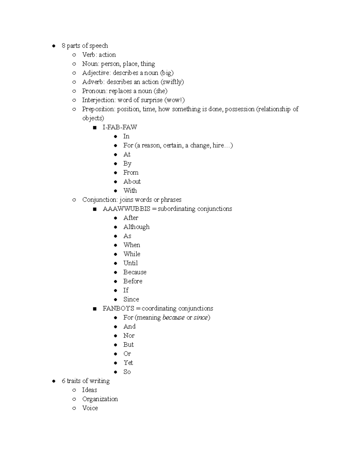 Final review - teaching writing - 8 parts of speech Verb: action Noun ...