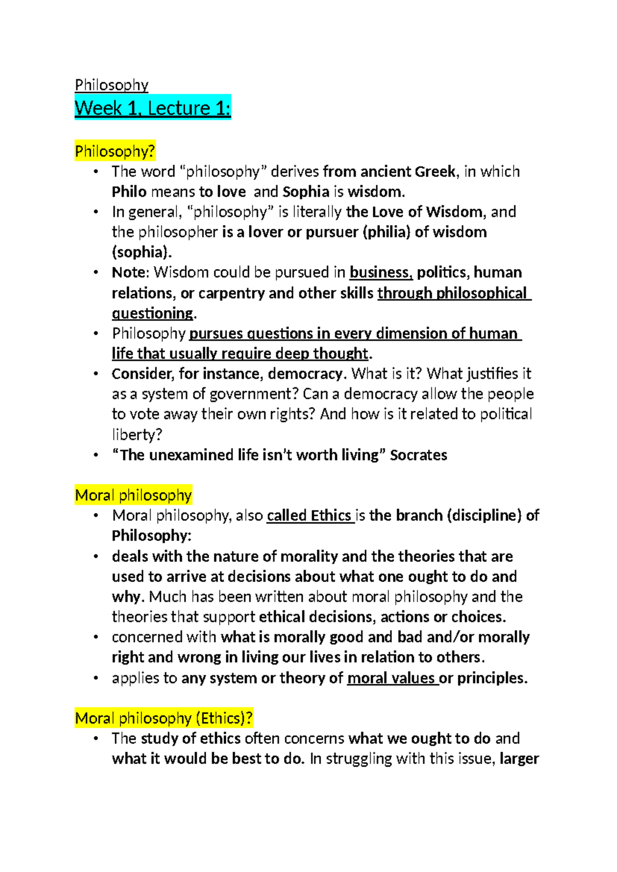 Philosophy Notes compiled - Philosophy Week 1, Lecture 1: Philosophy ...