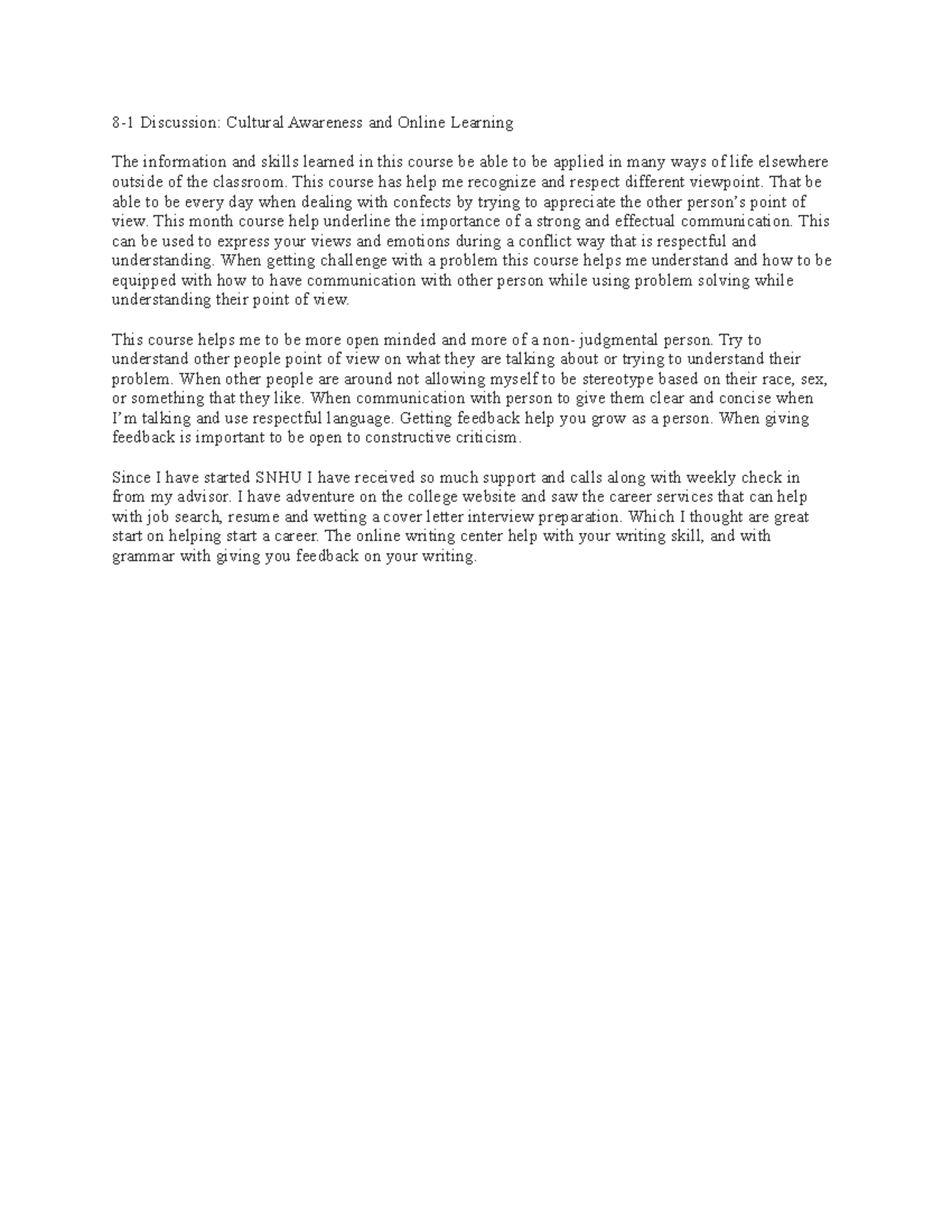 8-1 Discussion - assignment - 8-1 Discussion: Cultural Awareness and ...