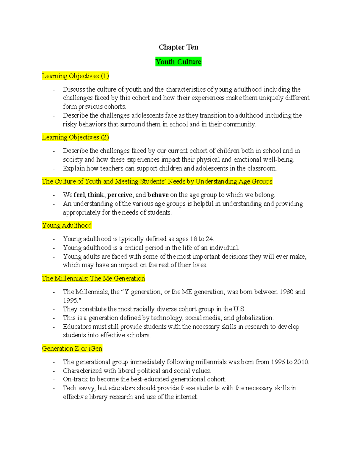 Chapter Ten-Youth Culture - Chapter Ten Youth Culture Learning ...