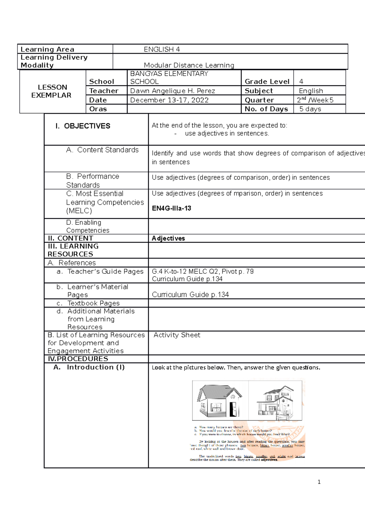ENG 4 Week 5 - SAMPLE LESSON EXEMPLAR - Learning Area ENGLISH 4 ...