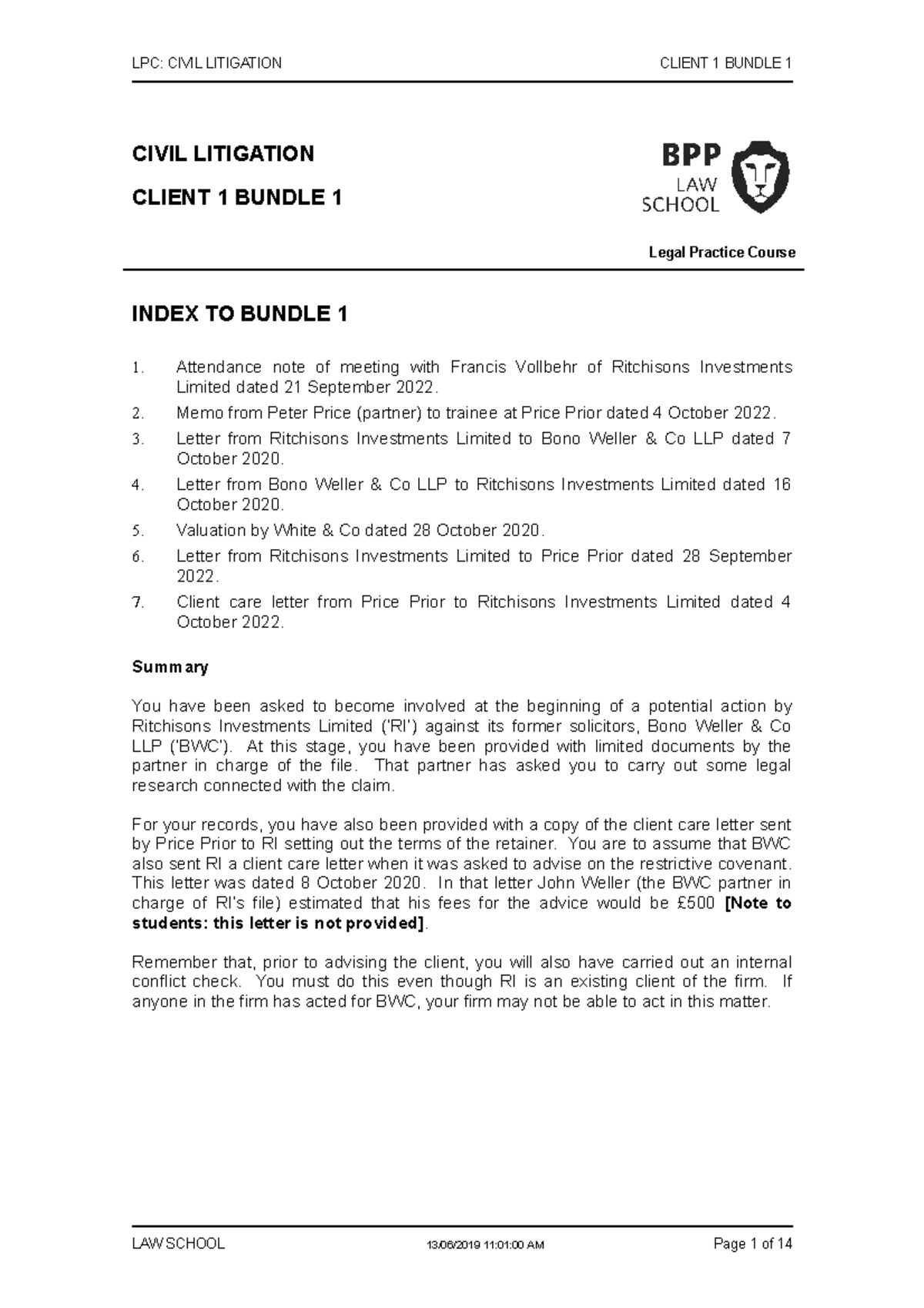 Civil Litigation SGS 1 Description attachment Client 1 Bundle 1 - CIVIL ...