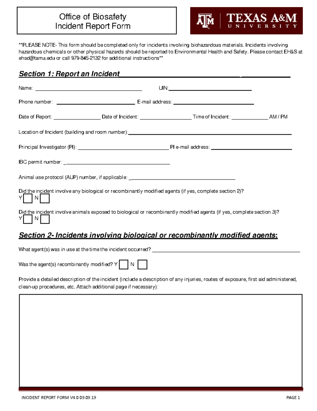 2019 TAMU Biosafety incident report form - Office of Biosafety Incident ...
